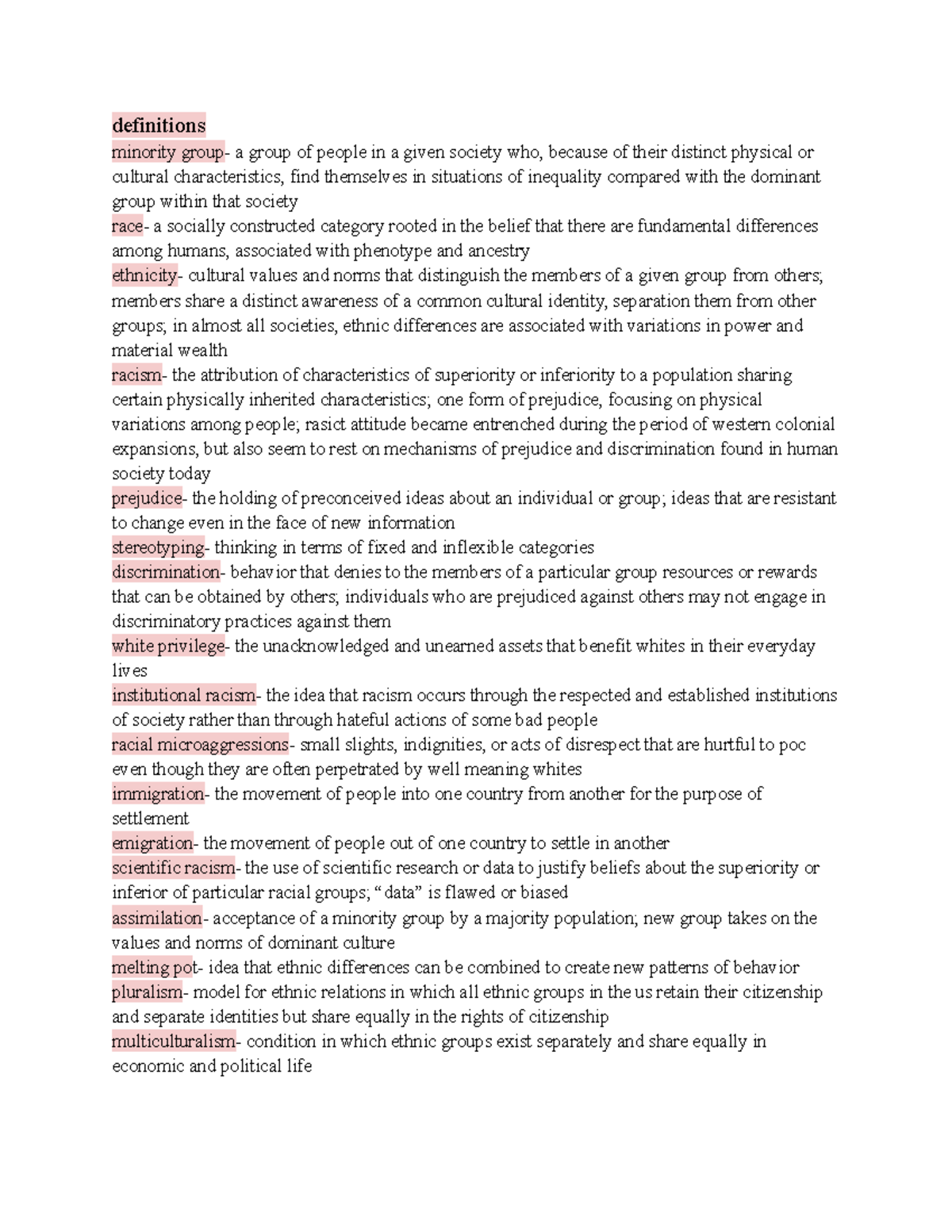 Sociology week 8 reading and notes - definitions minority group- a ...