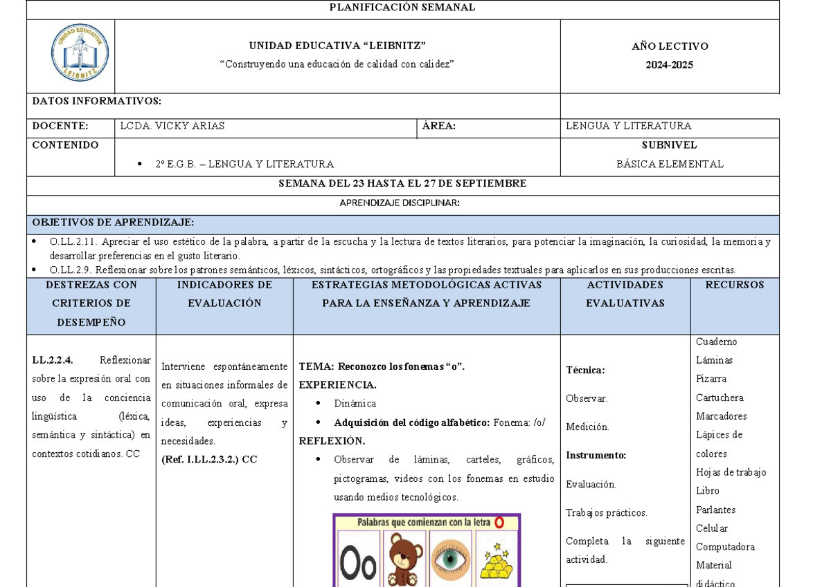 2DO -LL - 2DA sema - planificación semanal - PLANIFICACIÓN SEMANAL UNIDAD EDUCATIVA “LEIBNITZ ...