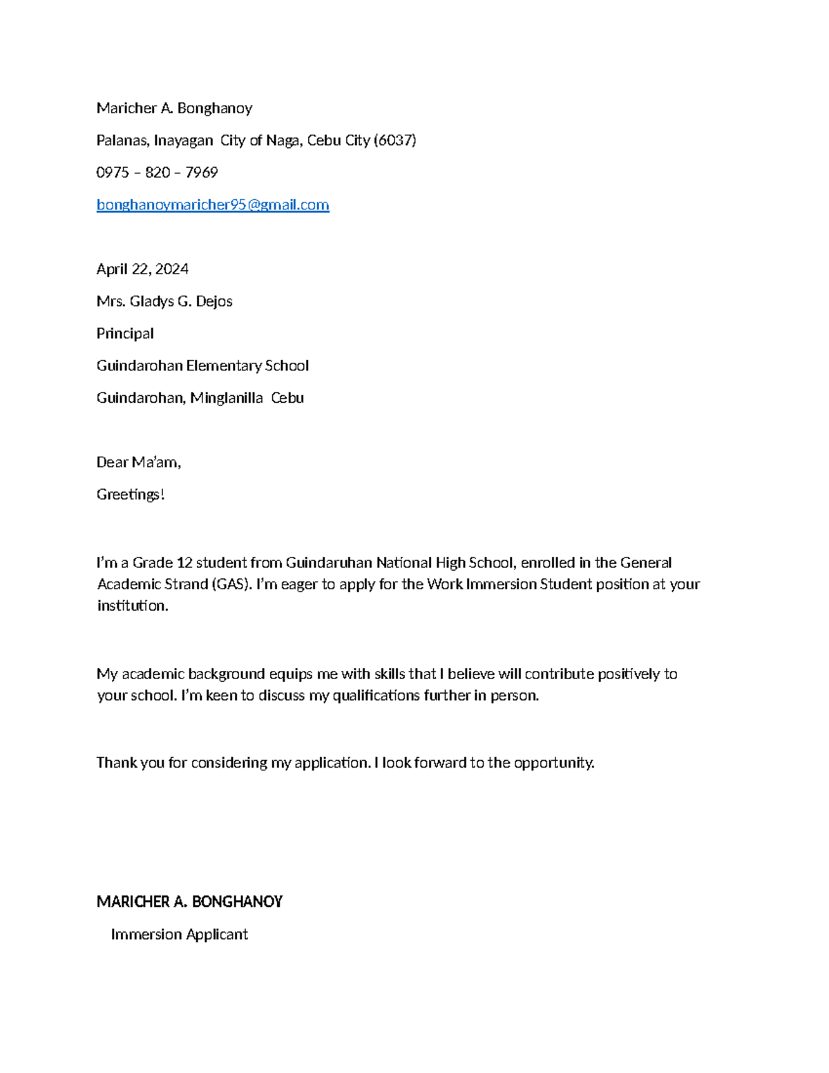 Maricher WORK Immersion Application Letter - Maricher A. Bonghanoy ...