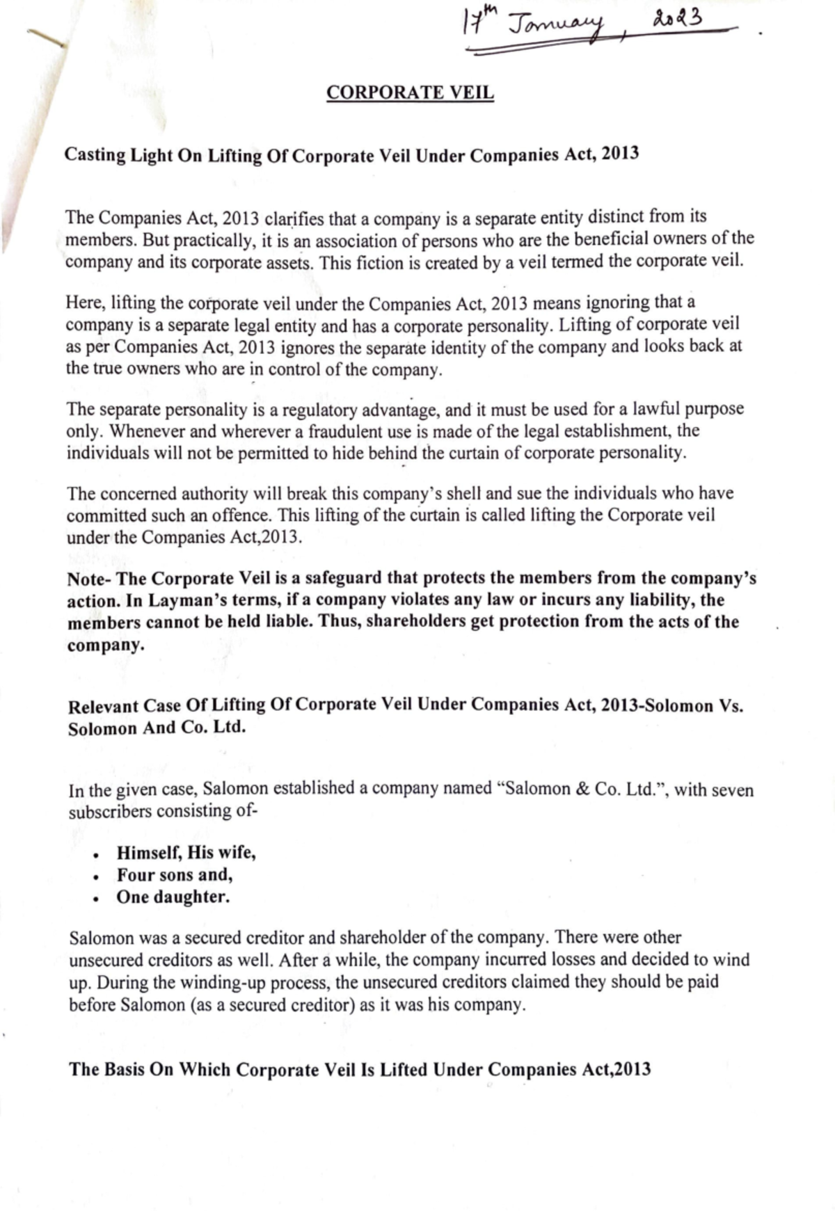 Company law - .... - CORPORA TE VEIL Casting Light On Lifting Of ...