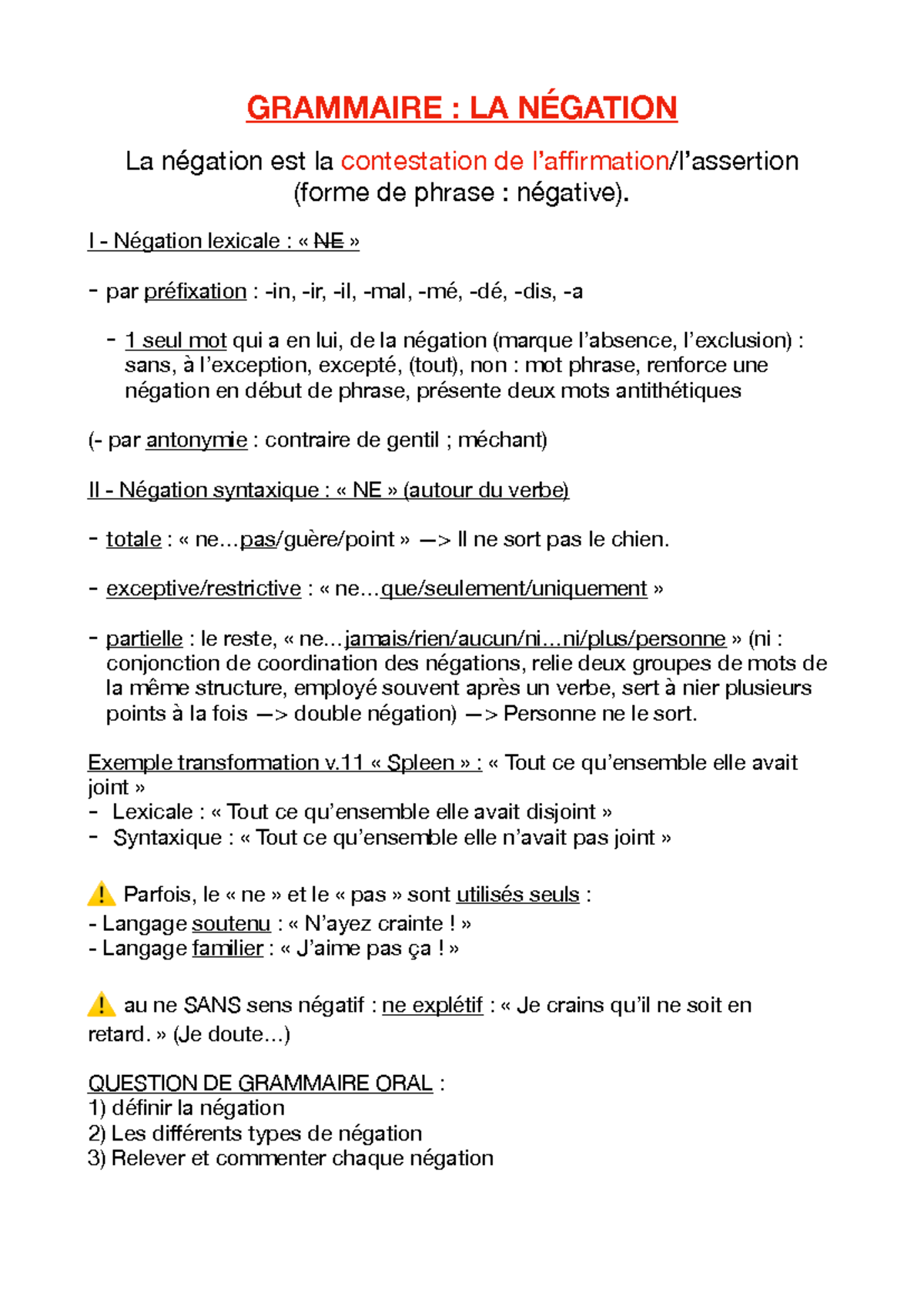 Question DE Grammaire Négation - GRAMMAIRE : LA NÉGATION La négation ...