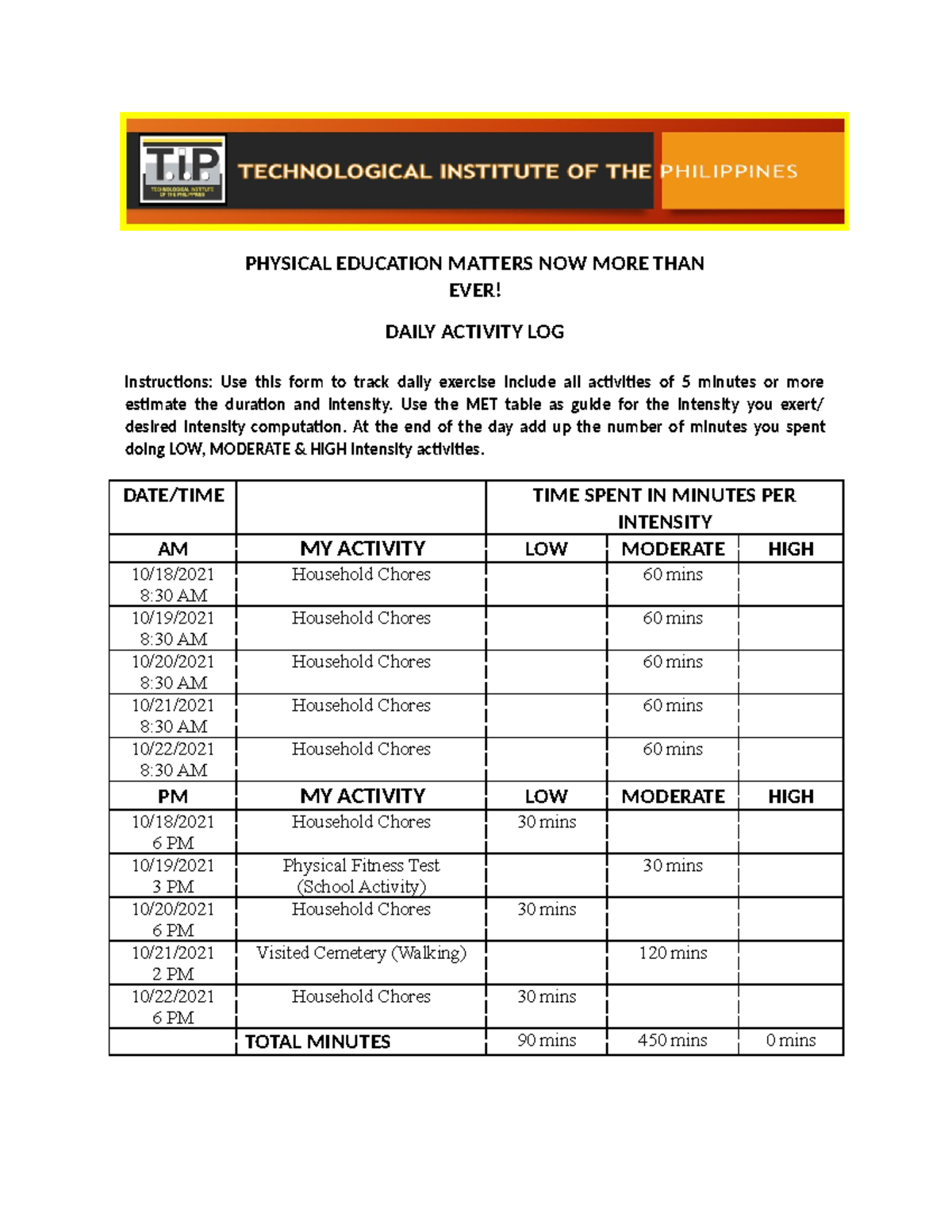 PE 101 Activity Log - Discussion - PHYSICAL EDUCATION MATTERS NOW MORE ...