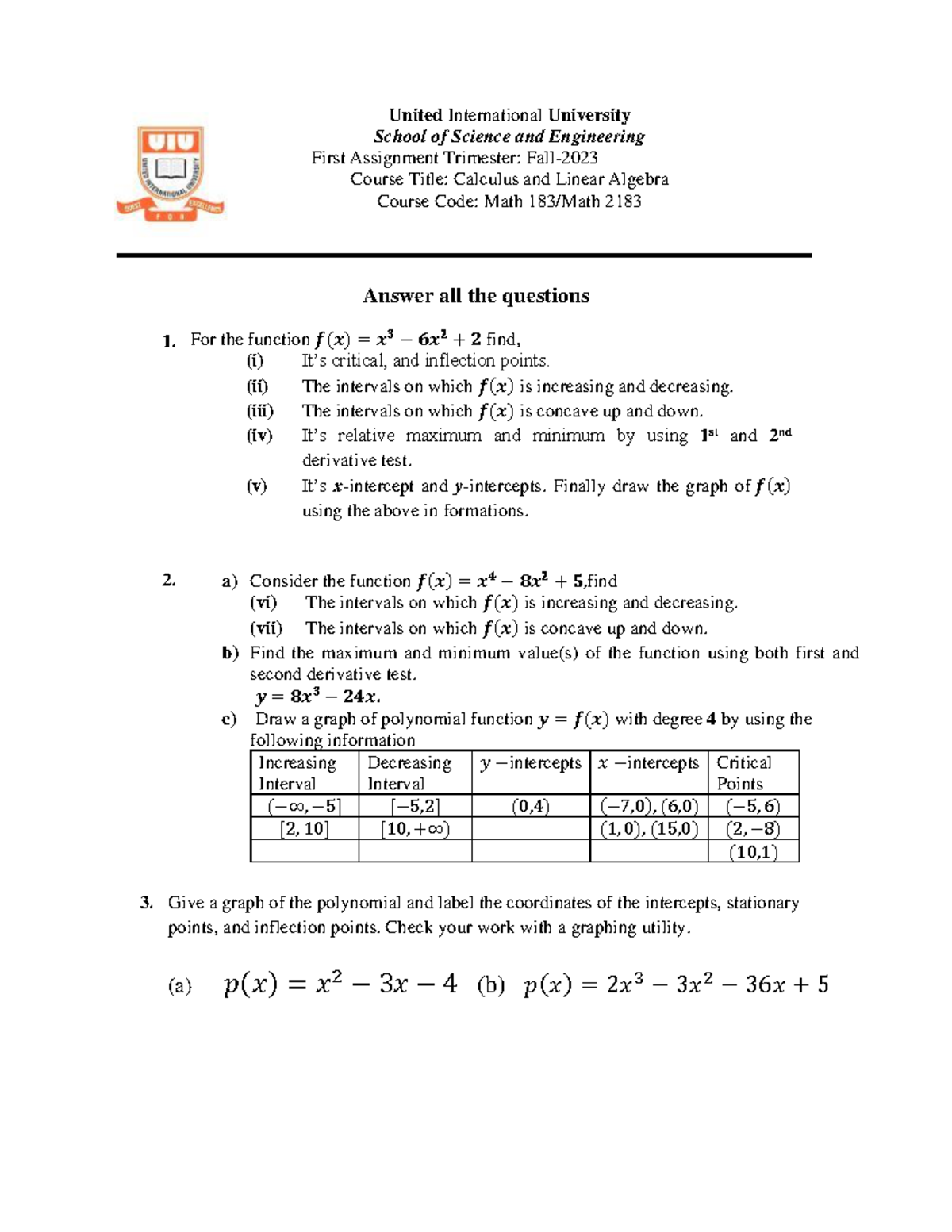 Assignment-1-Trimester-Fall-2023-Calculus and Linear Algebra - Answer all the questions 1. For ...