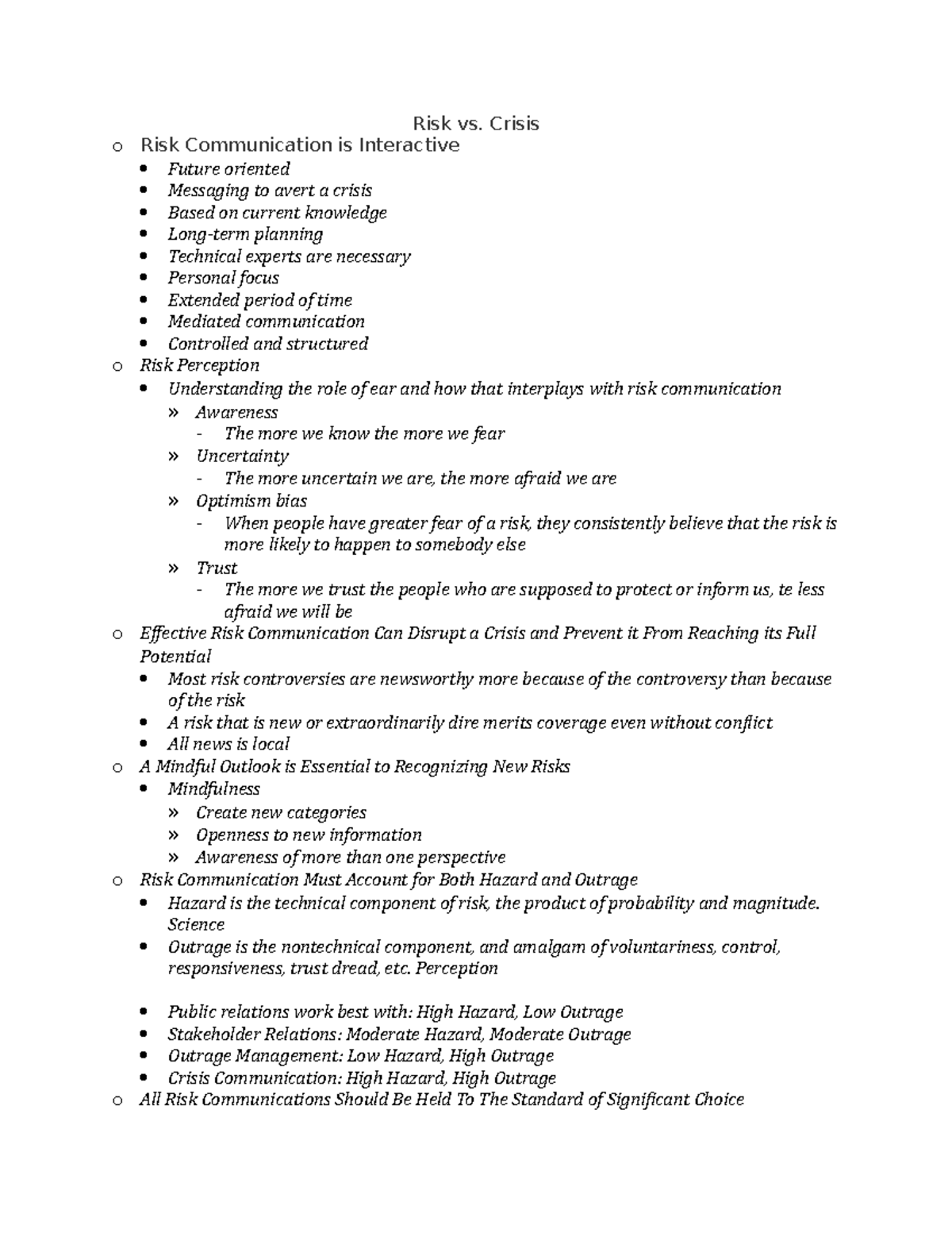 STC 450 - Class Notes Risk vs. Crisis - Risk vs. Crisis o Risk ...