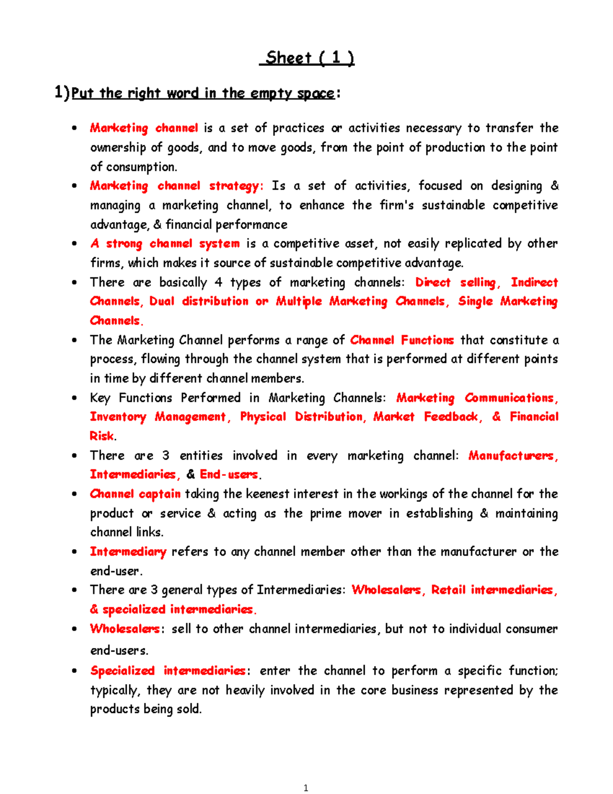 DC Sheet 1 WITH Answer - distribution channel - Sheet ( 1 ) 1) Put the ...