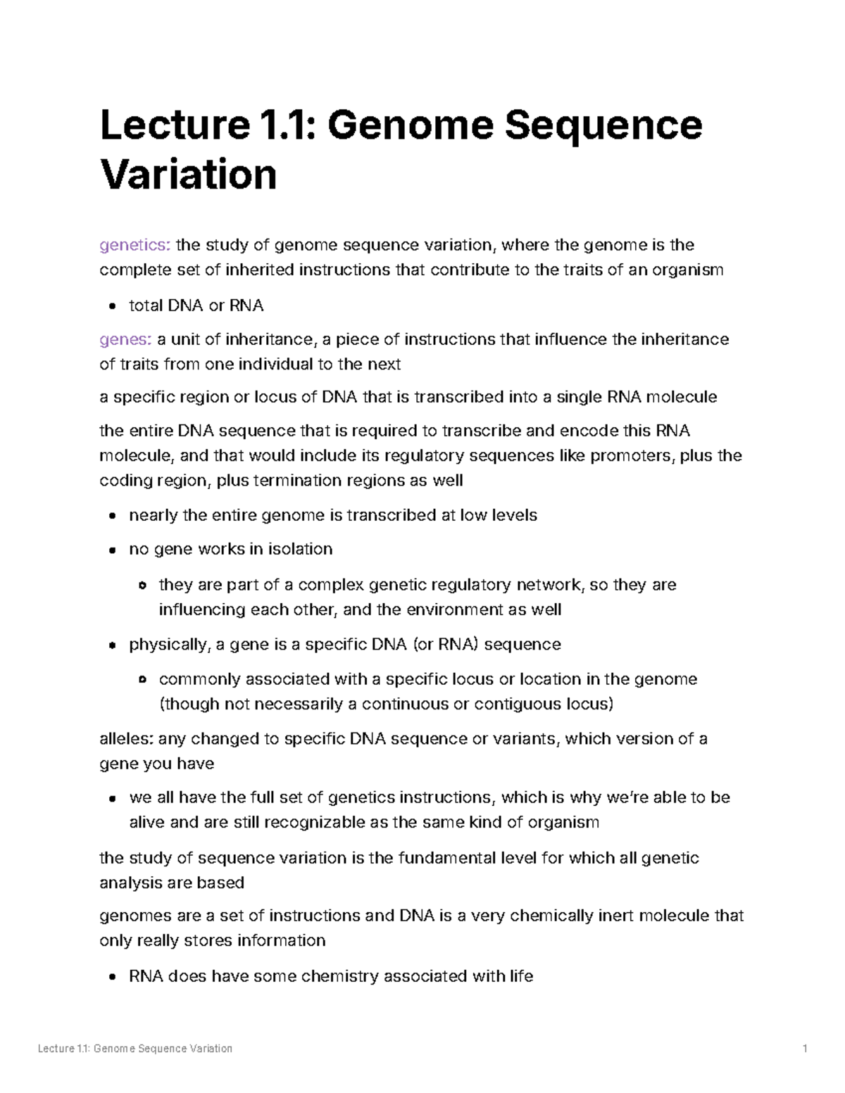 Lesson 1.1: genome sequence variation - Lecture 1: Genome Sequence ...