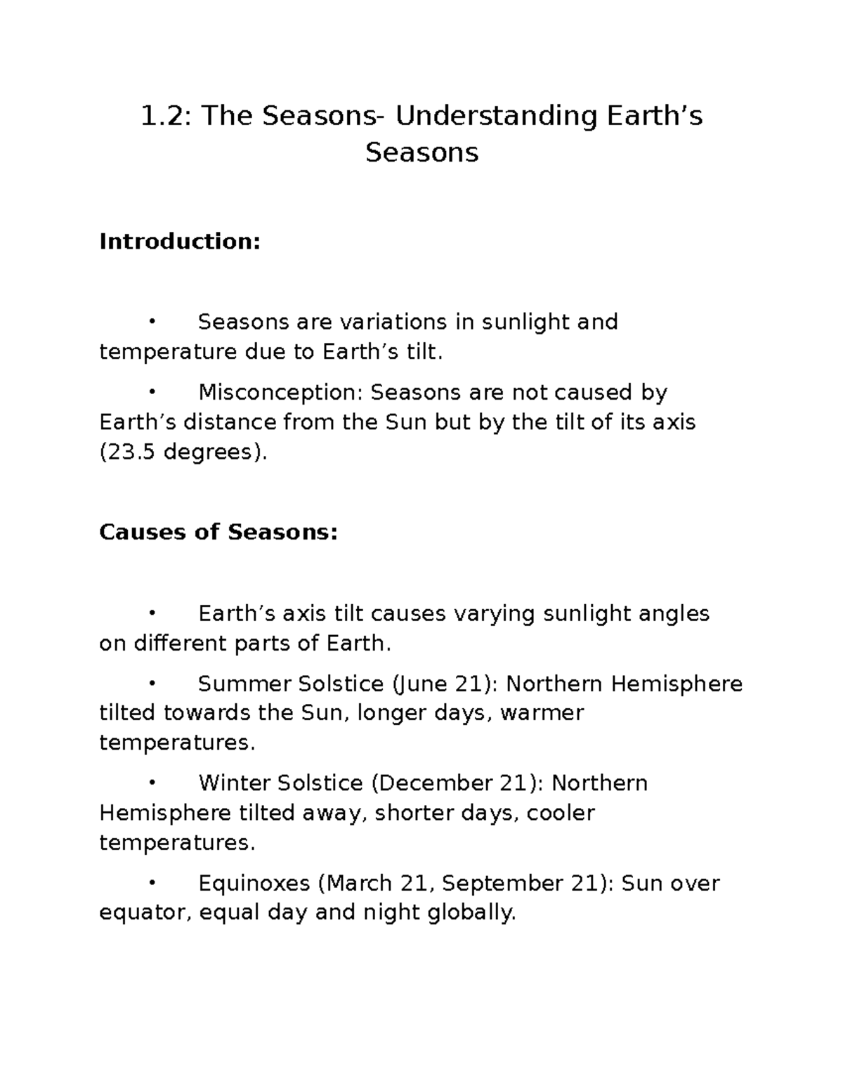 1.2 The Seasons Notes - 1: The Seasons- Understanding Earth’s Seasons ...
