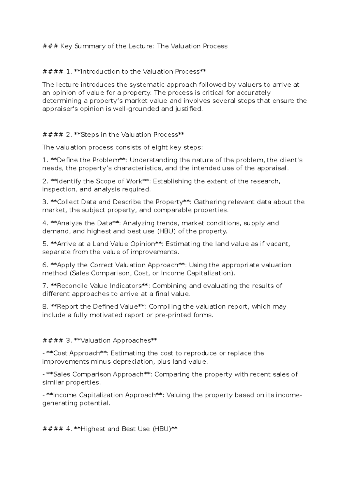 Summary LECT 5 - Key Summary of the Lecture: The Valuation Process 1. Introduction to the ...