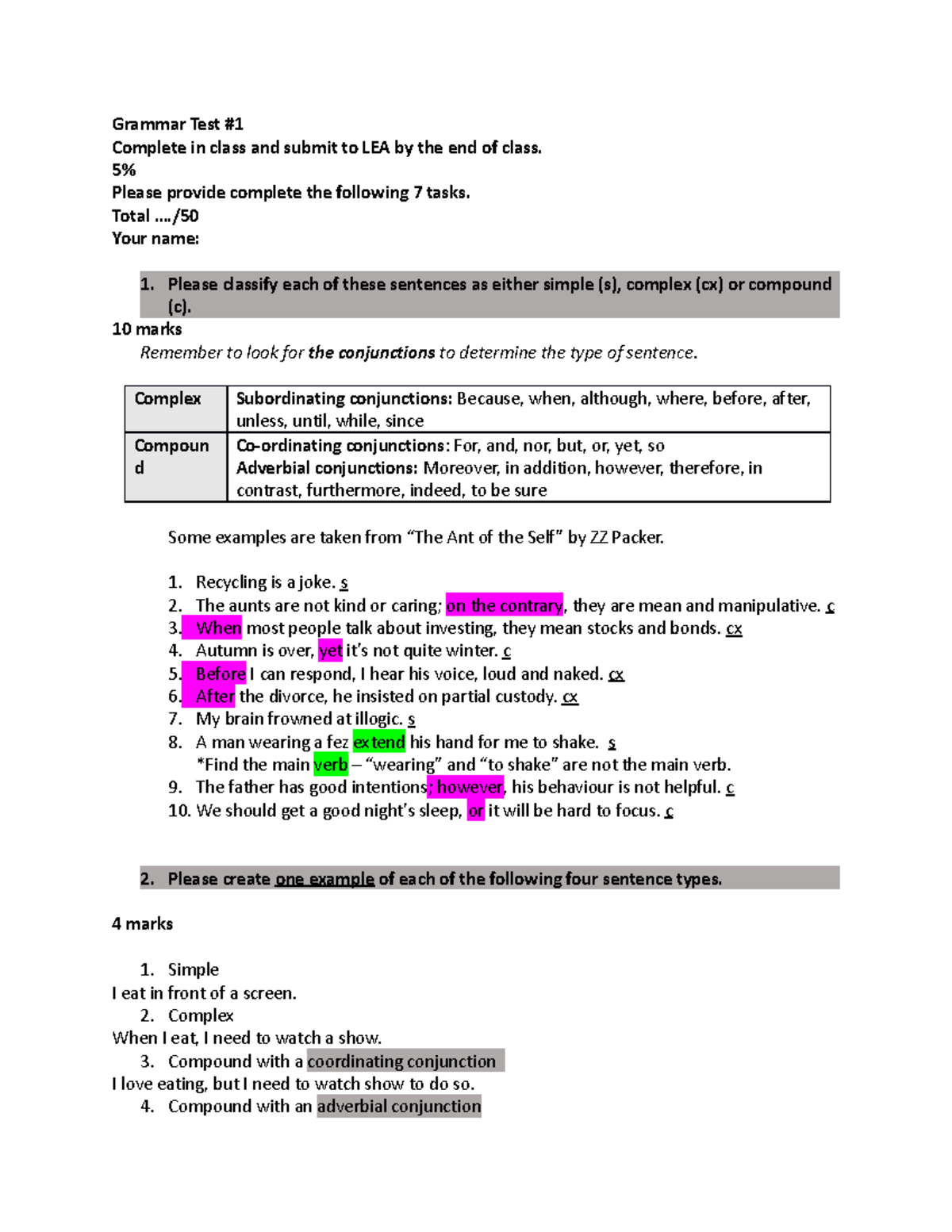 Grammar test - 5% Please provide complete the following 7 tasks. Total ...