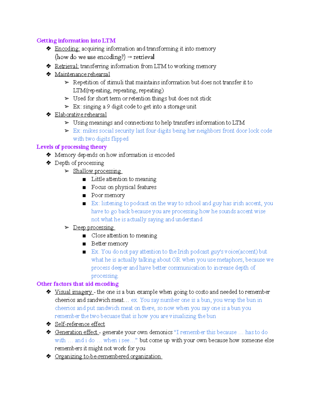Cognitive Ch. 7 notes - Getting information into LTM Encoding ...