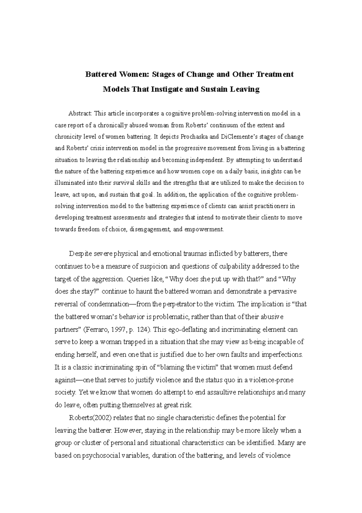 Battered Women Eng - This article incorporates a cognitive problem ...