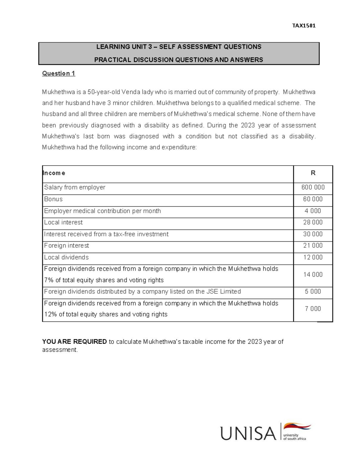 TL101 2021 3 - taxation - TAX LEARNING UNIT 3 – SELF ASSESSMENT QUESTIONS PRACTICAL DISCUSSION ...