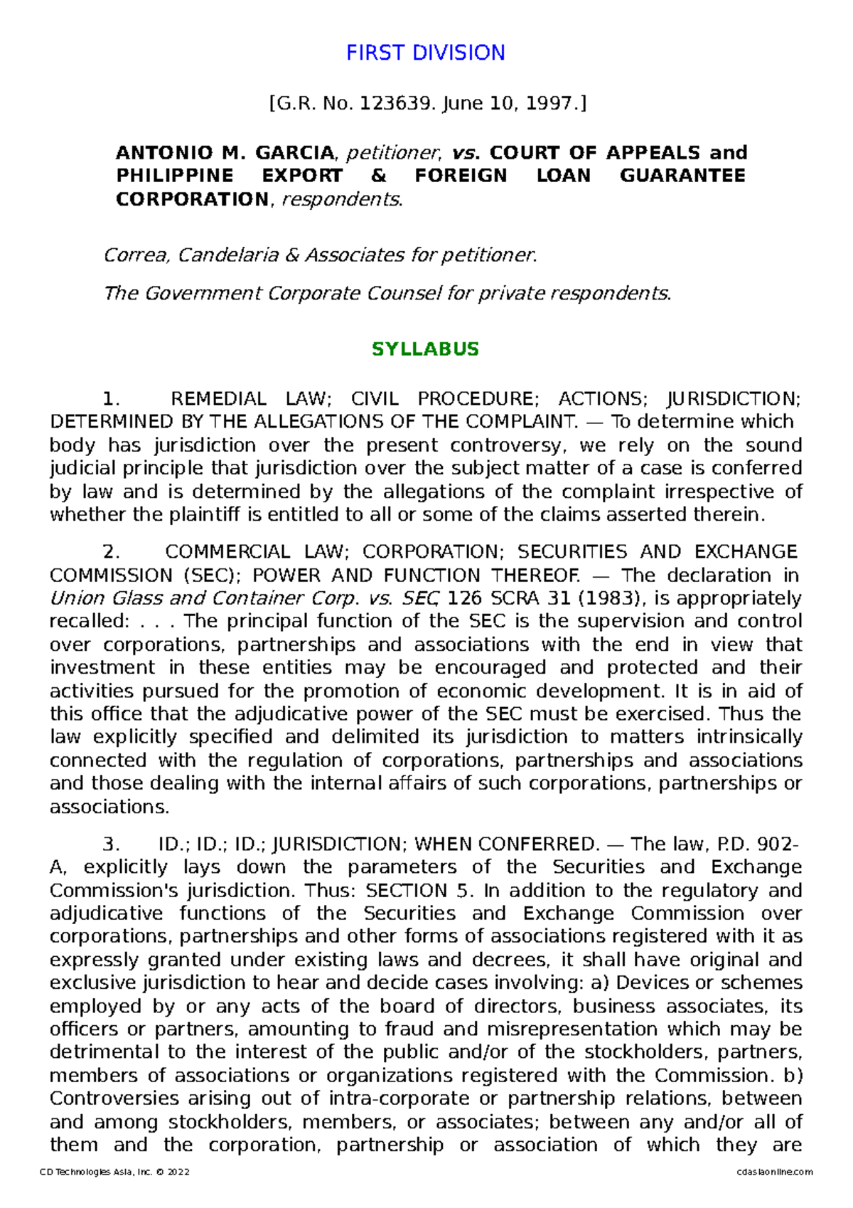12969 - Full text case - FIRST DIVISION [G. No. 123639. June 10, 1997 ...
