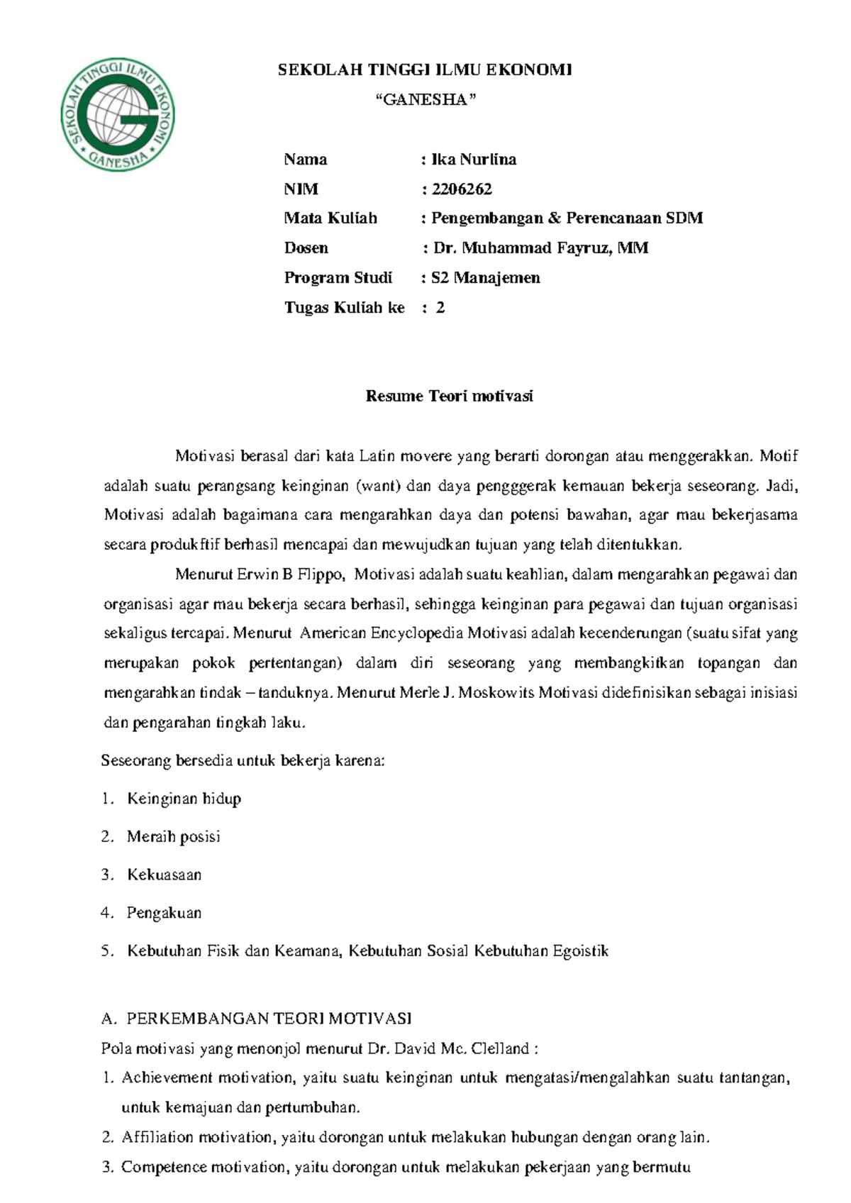 Tugas ke 2. Ika Nurlina Ppsdm - SEKOLAH TINGGI ILMU EKONOMI “GANESHA ...