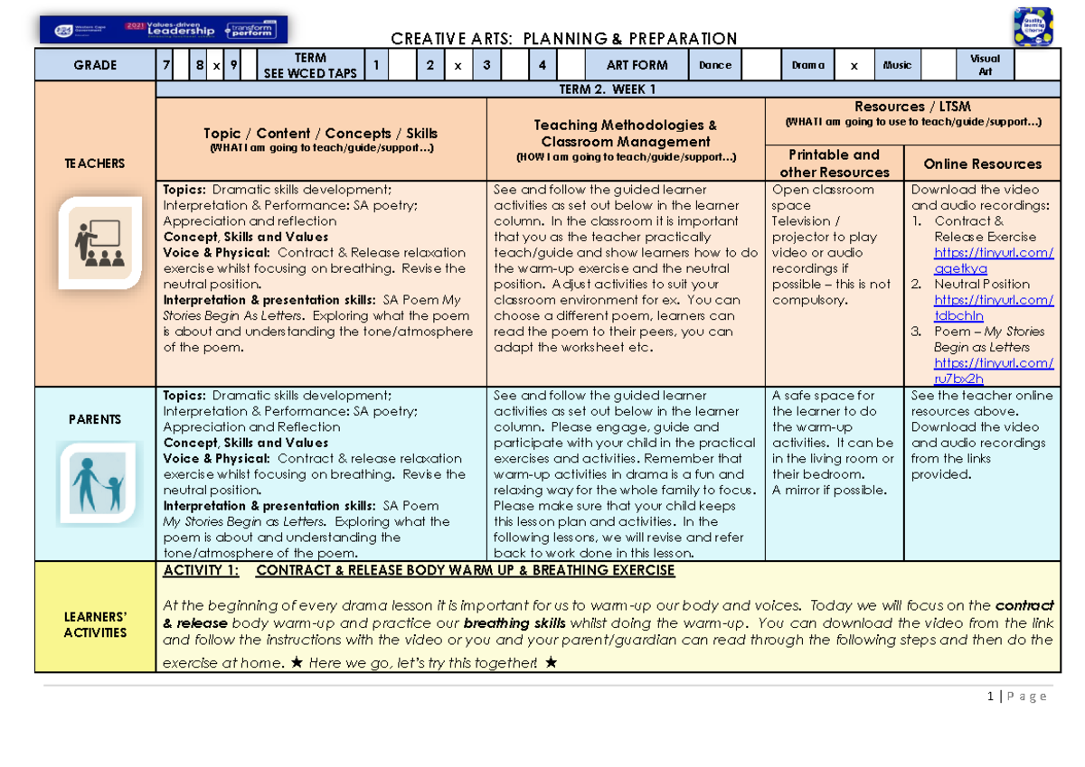 Lesson Plan Gr 8 Creative Arts Drama T2 W1 - CREATIVE ARTS: PLANNING ...