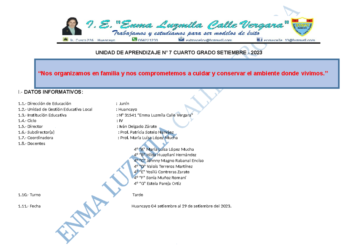 Unidad DE Aprendizaje Setiembre Cuarto Grado - UNIDAD DE APRENDIZAJE N ...