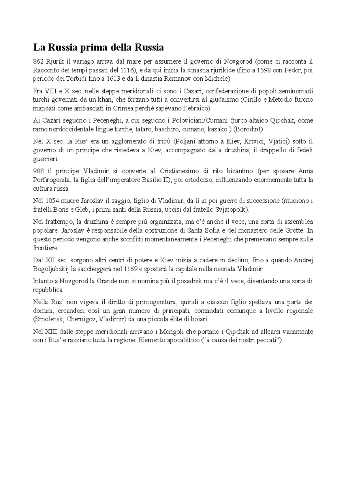 Riassunto Bushkovic - La Russia prima della Russia 862 Rjurik il ...