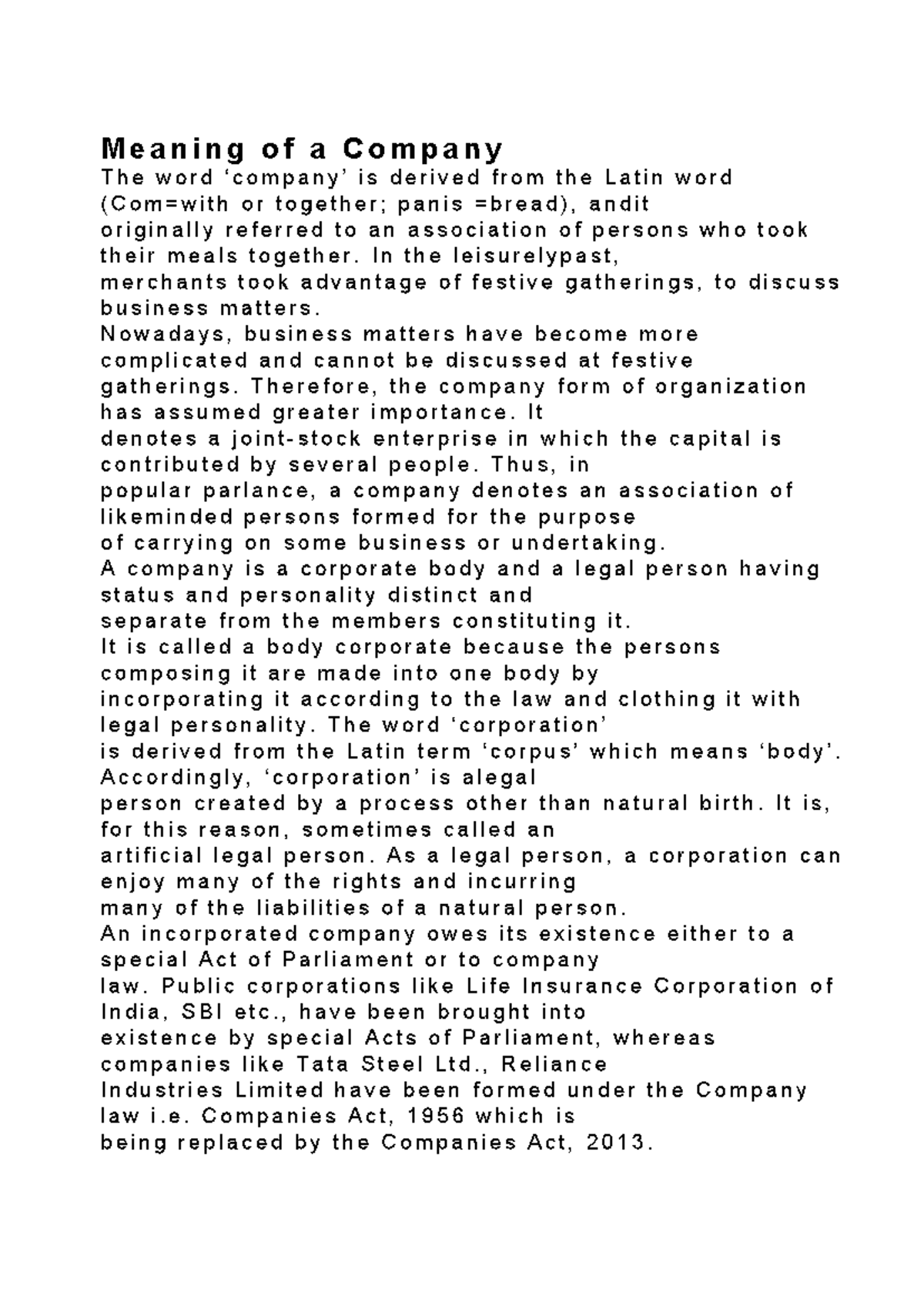 Meaning Of Company Law - Meaning ofa Company The word ‘company’is ...