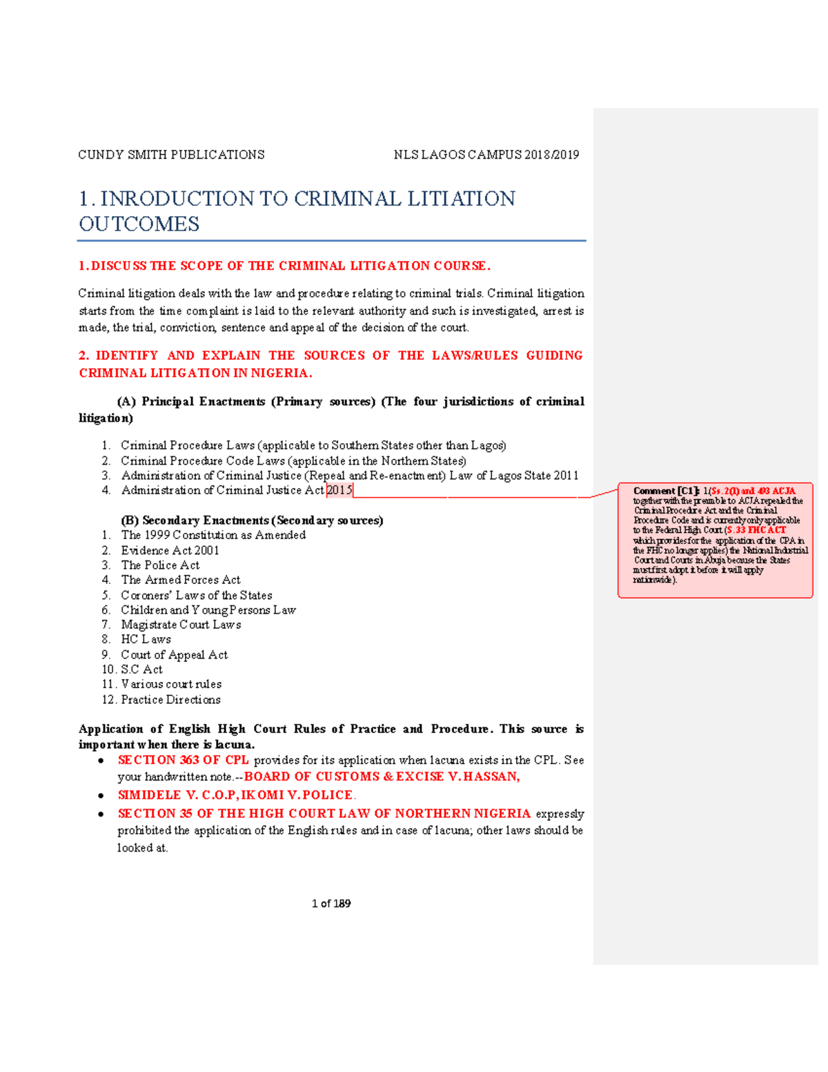 1 Criminal Litigation - 1. INRODUCTION TO CRIMINAL LITIATION OUTCOMES 1 ...
