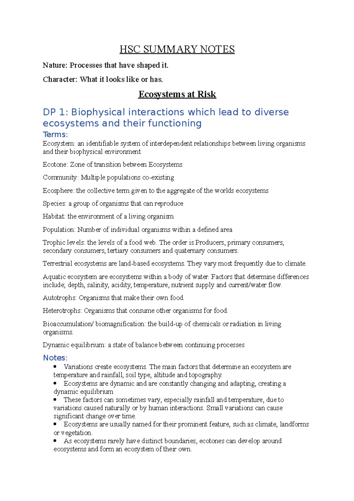 DB HSC Geography Notes P1 - HSC SUMMARY NOTES Nature: Processes that ...