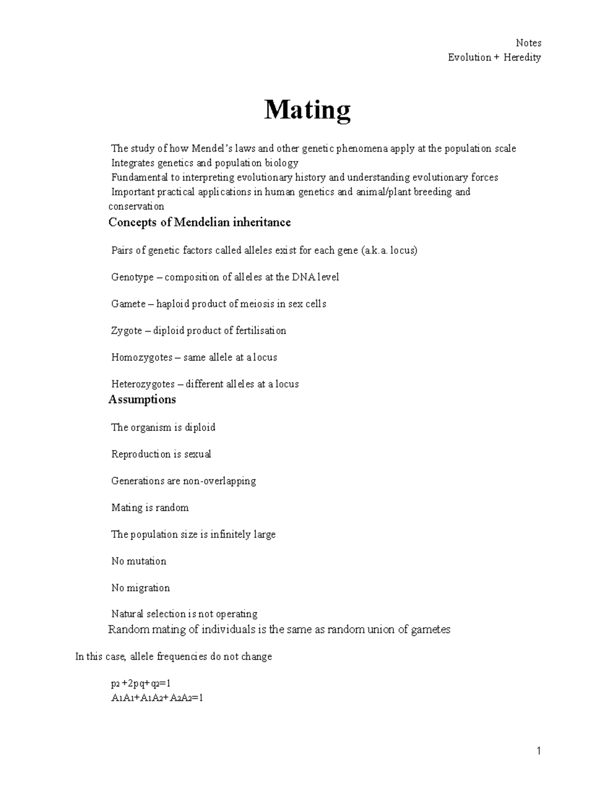 Mating - Lecture notes 9 - Evolution + Heredity Mating The study of how ...