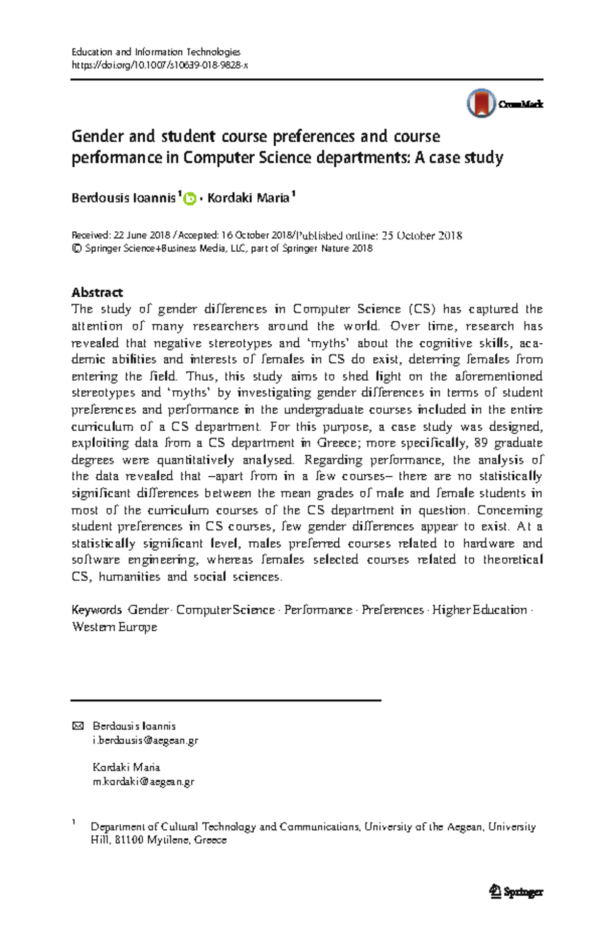 Gender Preferences and performance in CS depts - Gender and student ...