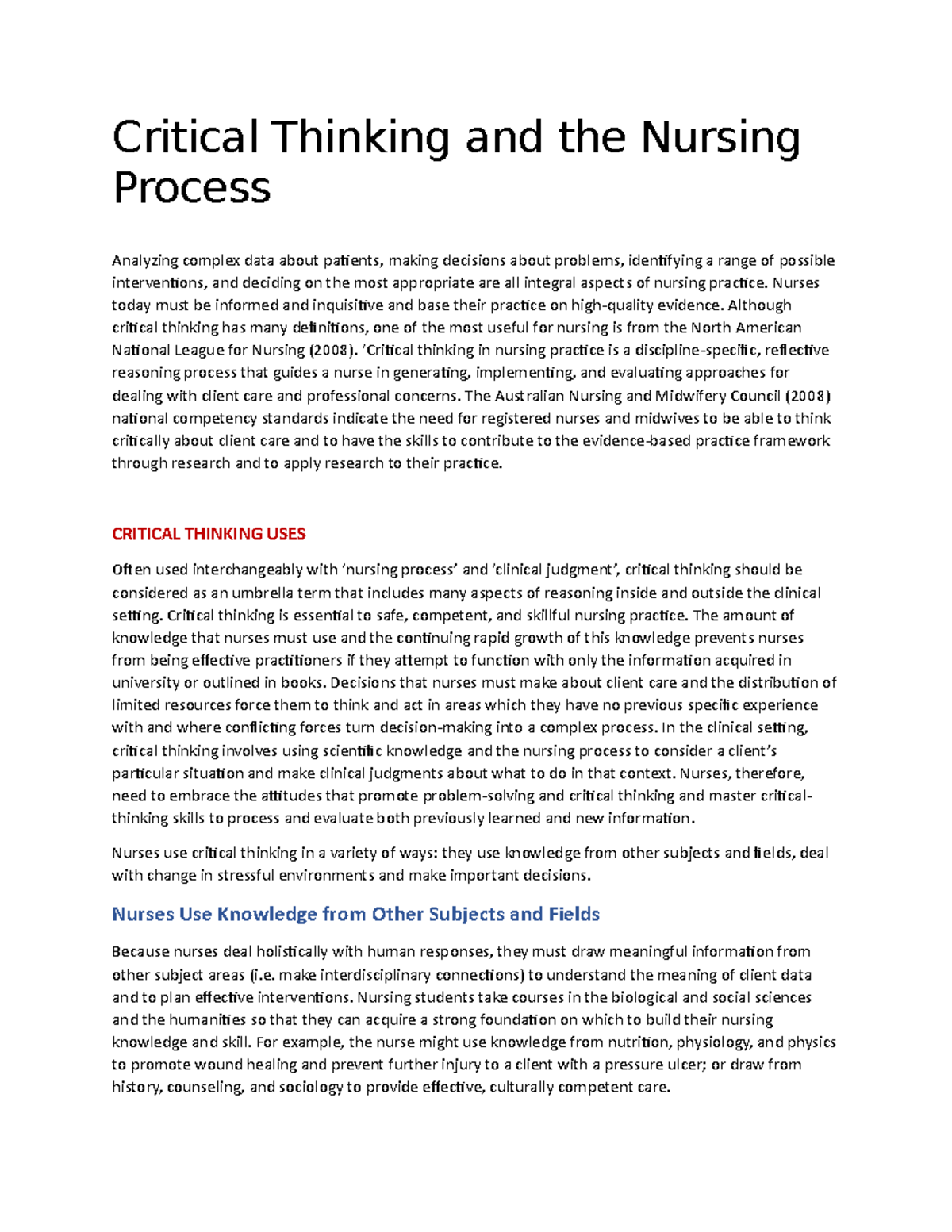 Critical Thinking and the Nursing Process - Critical Thinking and the ...