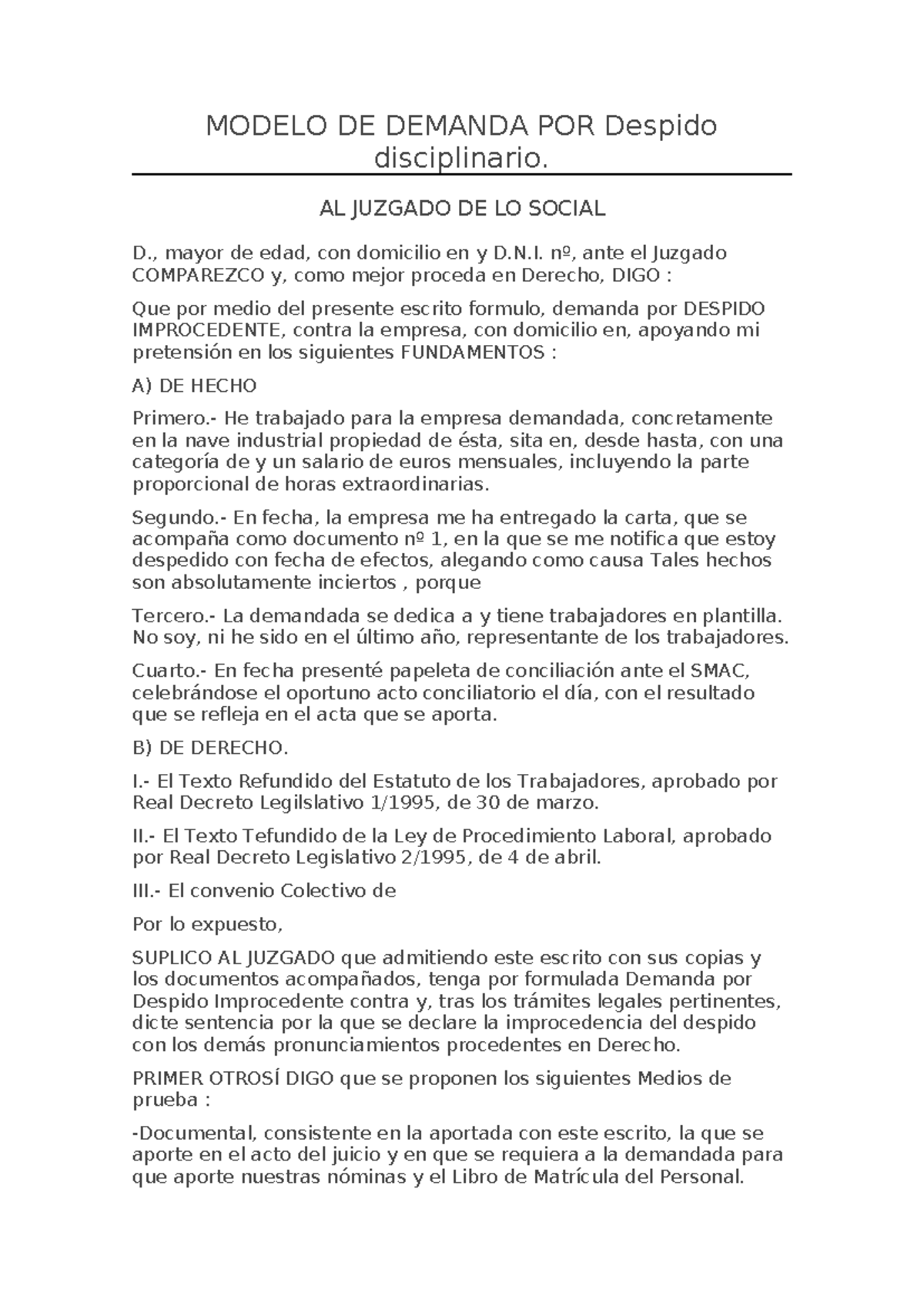 Demanda Social despido disciplinario - MODELO DE DEMANDA POR Despido ...