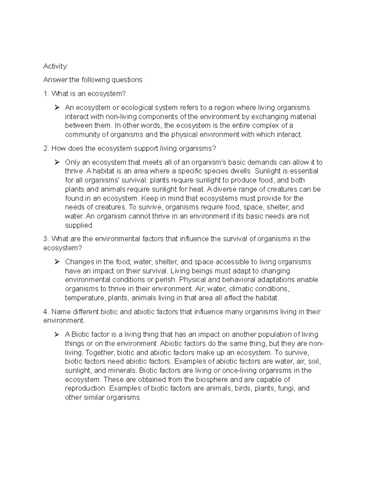 ES- Ecosystem - Activity: Answer the following questions: What is an ...