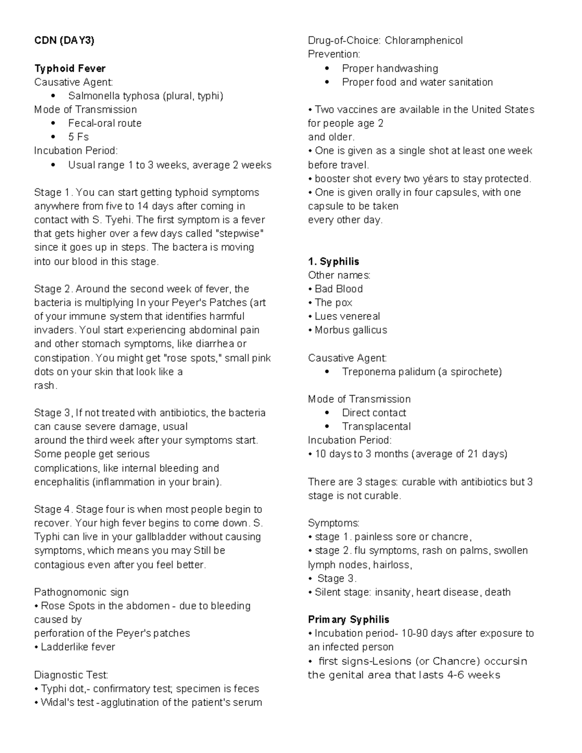 CDN-CA2 - Reviewer and study material for communicable dieases - CDN (DAY3) Typhoid Fever ...