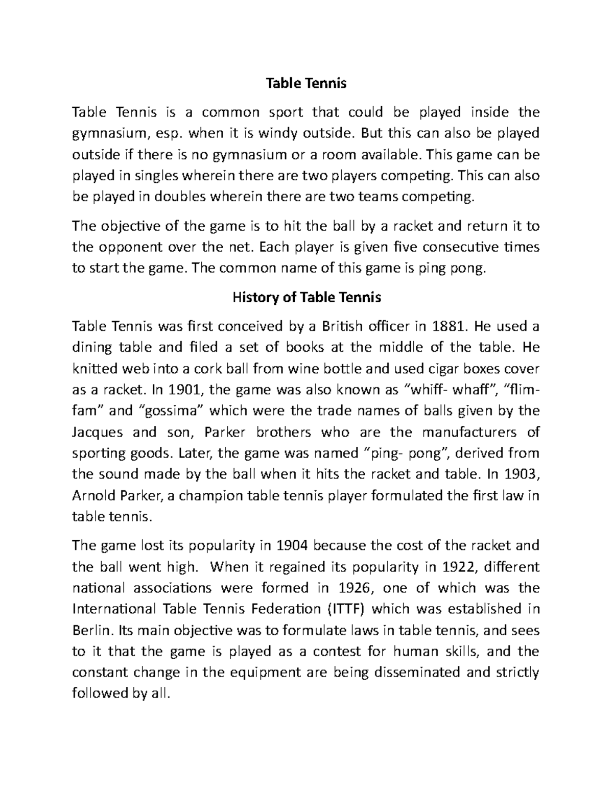 Physical Education 2 - Table Tennis - Science, Technology, Engineering ...