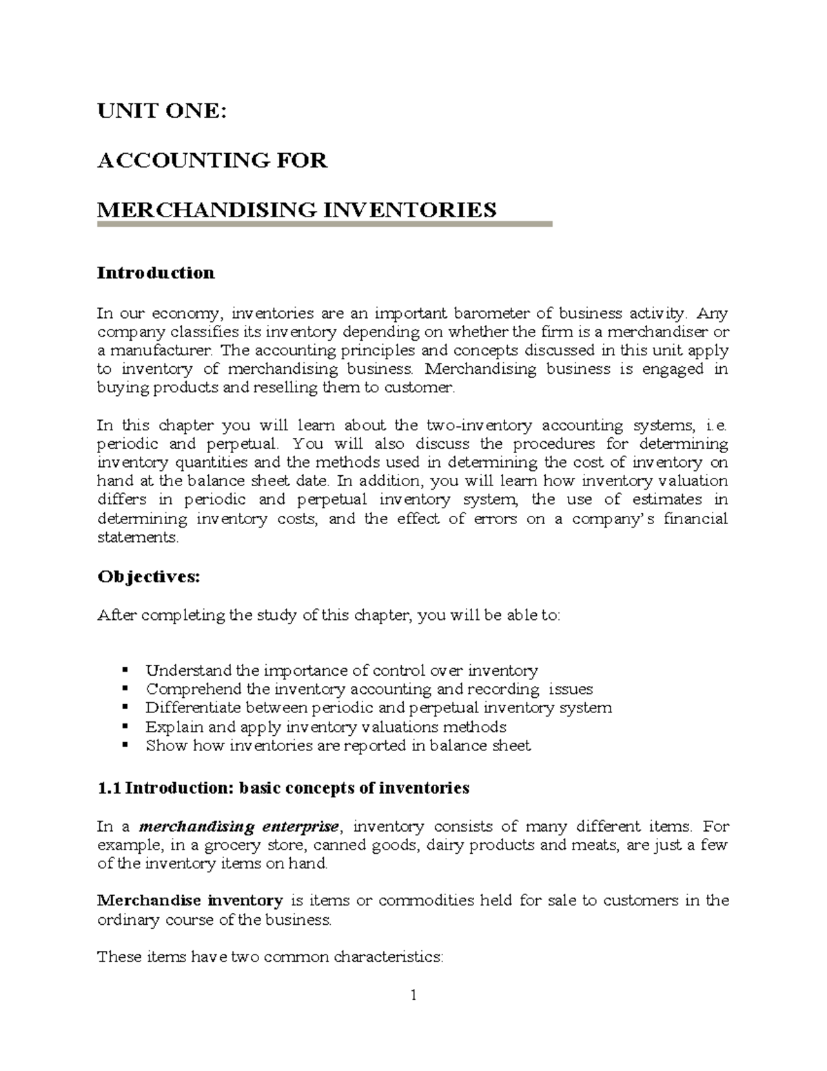 Unit 1- Accounting for Inventory - UNIT ONE: ACCOUNTING FOR ...