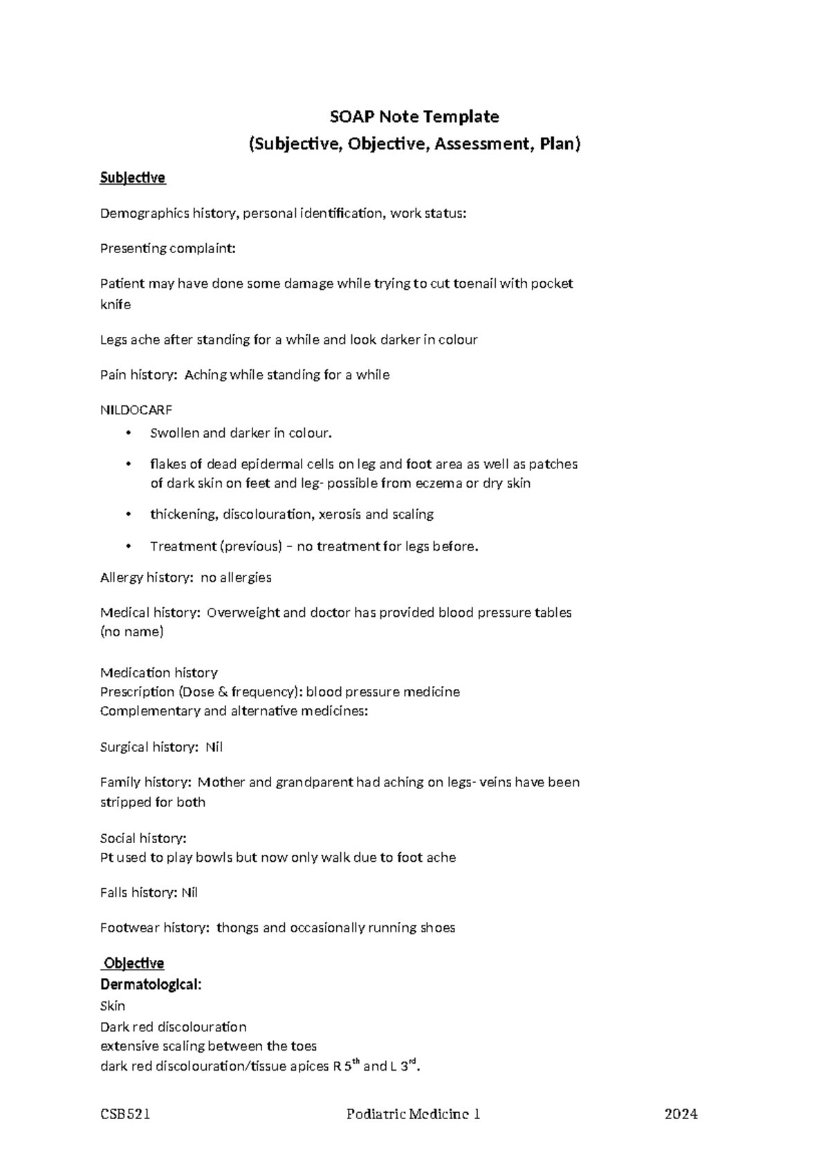SOAP note template V.2024 - SOAP Note Template (Subjective, Objective ...