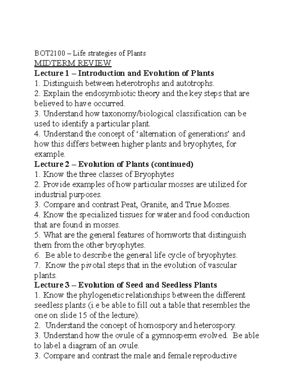 BOT2100 - Midterm Review - BOT2100 – Life strategies of Plants MIDTERM ...