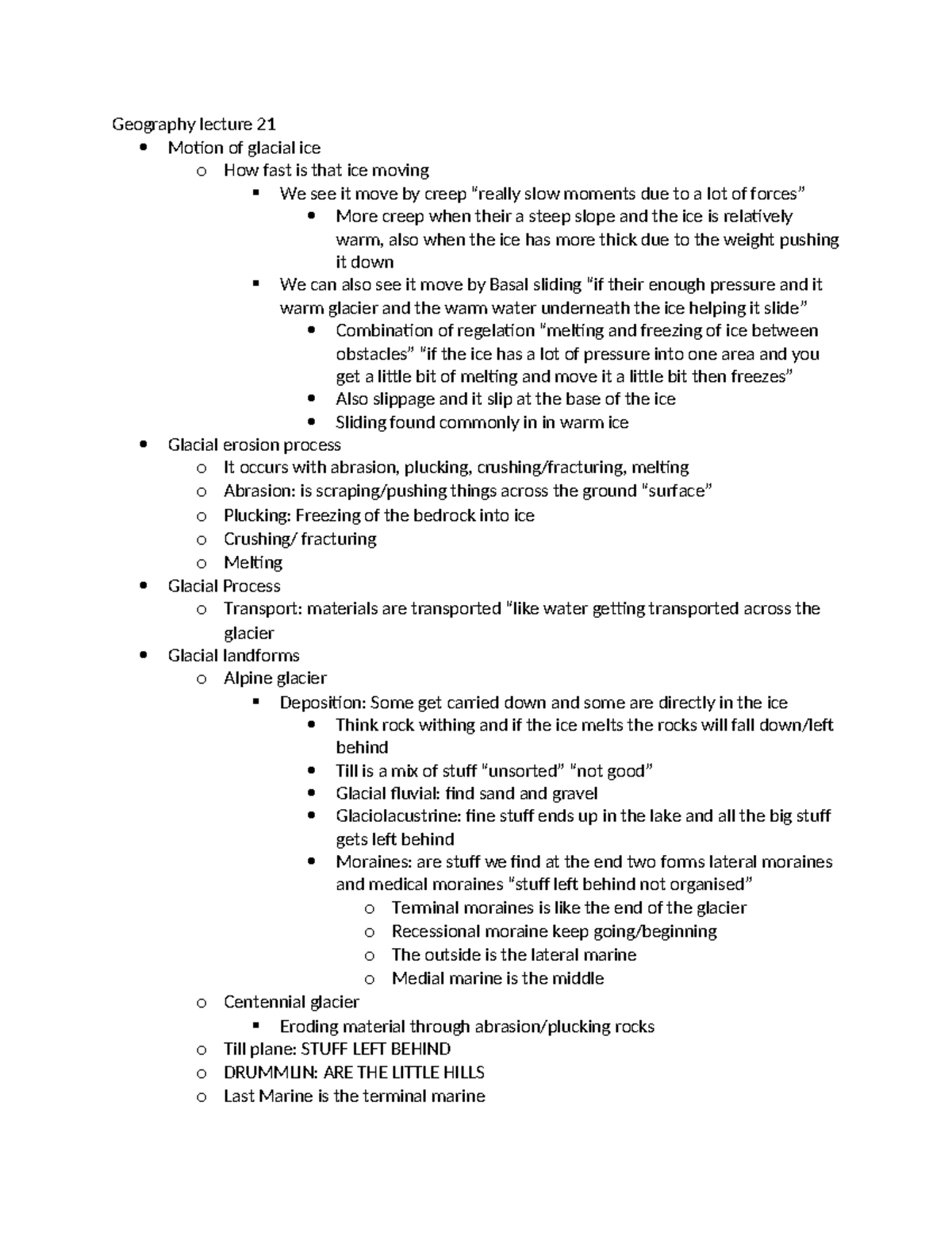 Geography lecture 21 - Notes - Geography lecture 21 Motion of glacial ...