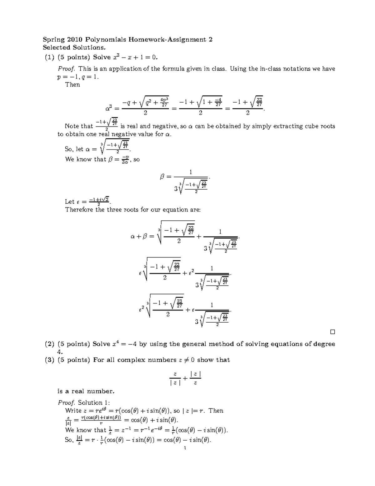 Homework Assignment 2 solutions - Spring 2010 Polynomials 2 Selected ...