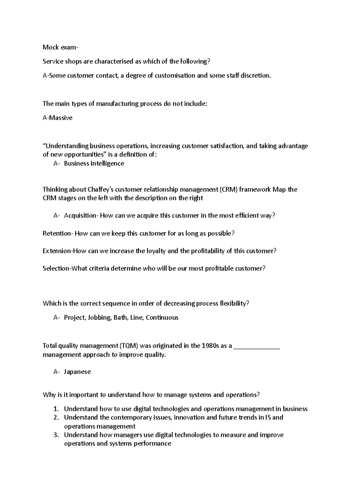 Mock example questions and answers - Mock exam- Service shops are ...