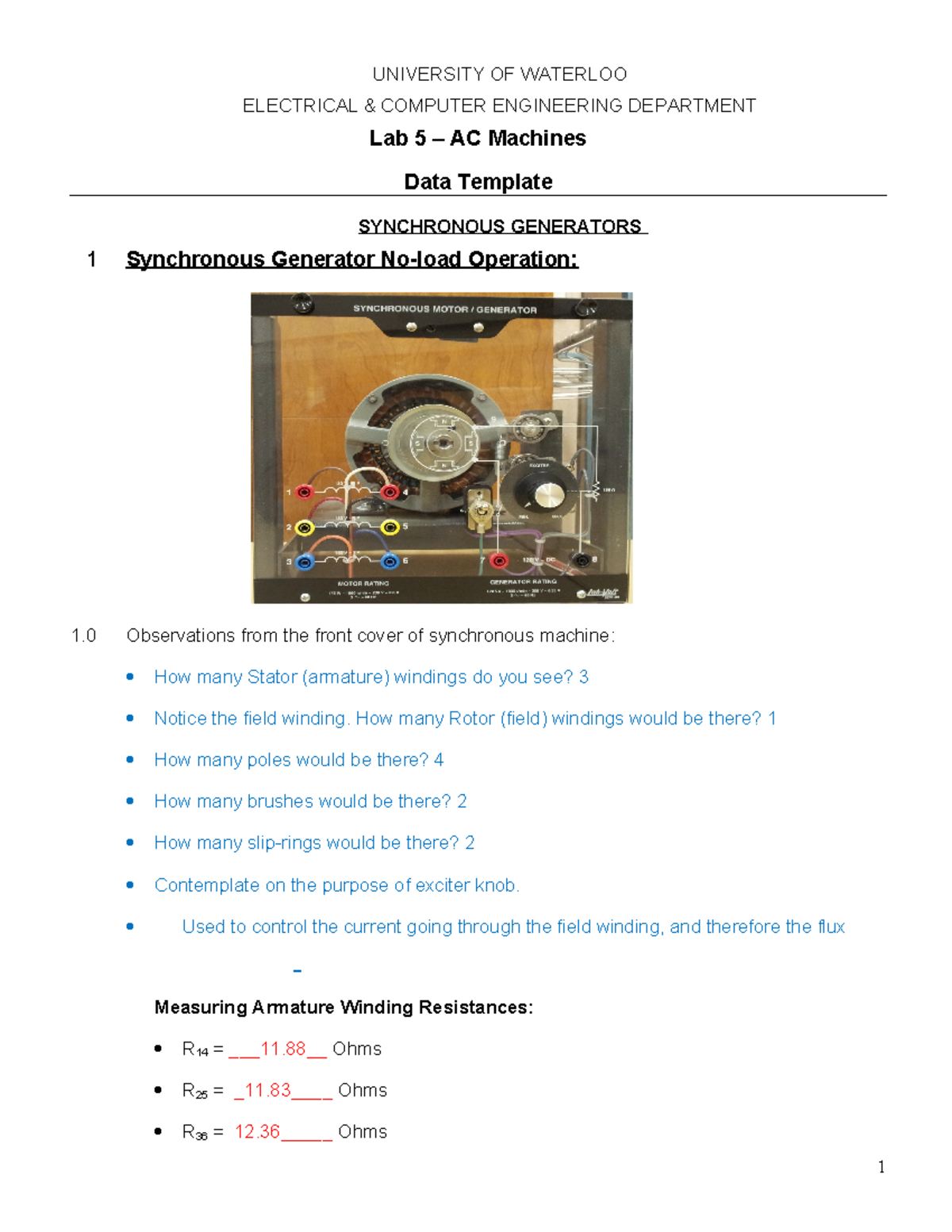 Lab DATA capturing Template on Synchronous Generators - UNIVERSITY OF ...