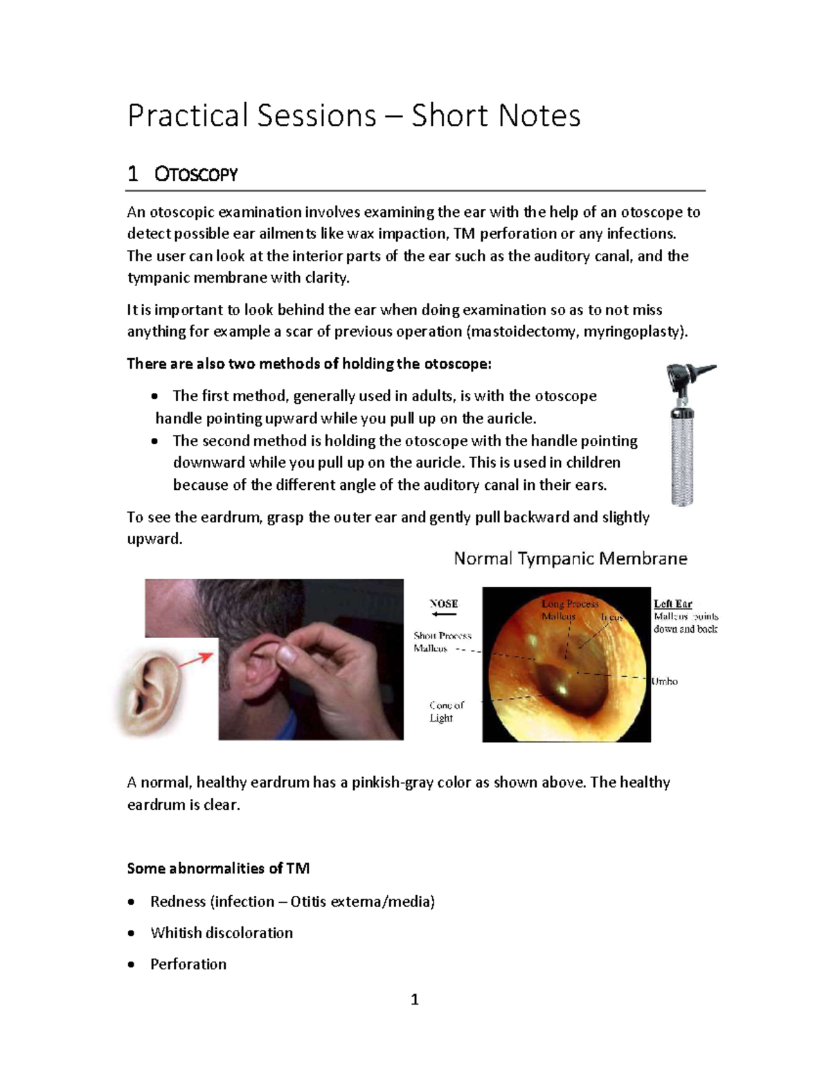 Practical Sessions - none - Practical Sessions – Short Notes 1 OTOSCOPY ...