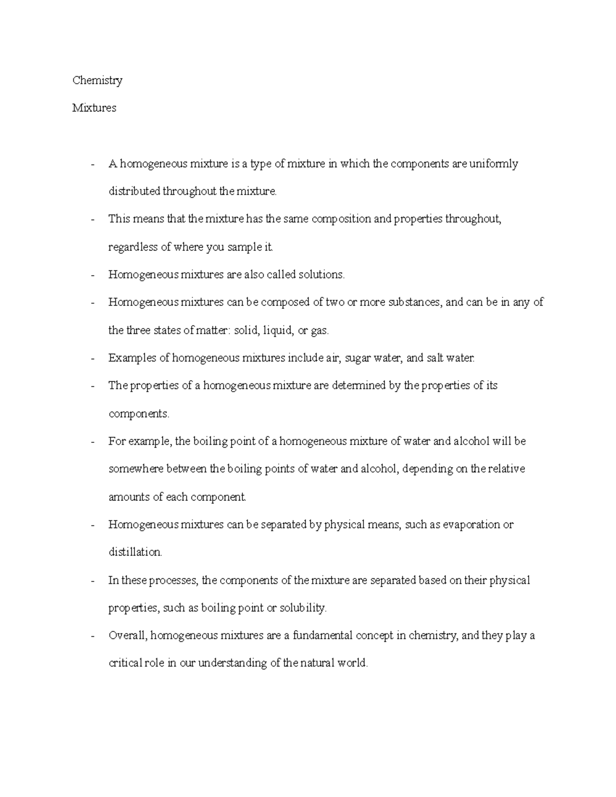 Chemistry-Mixtures - mixtures notes - Chemistry Mixtures A homogeneous ...