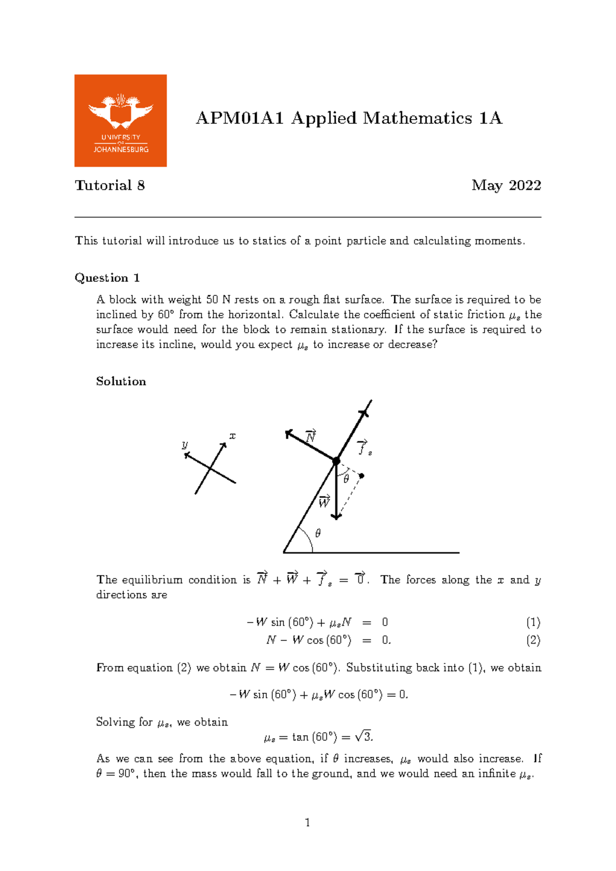 2022apm01a1 tut8 sol - APM01A1 Applied Mathematics 1A Tutorial 8 May 2022 This tutorial will ...