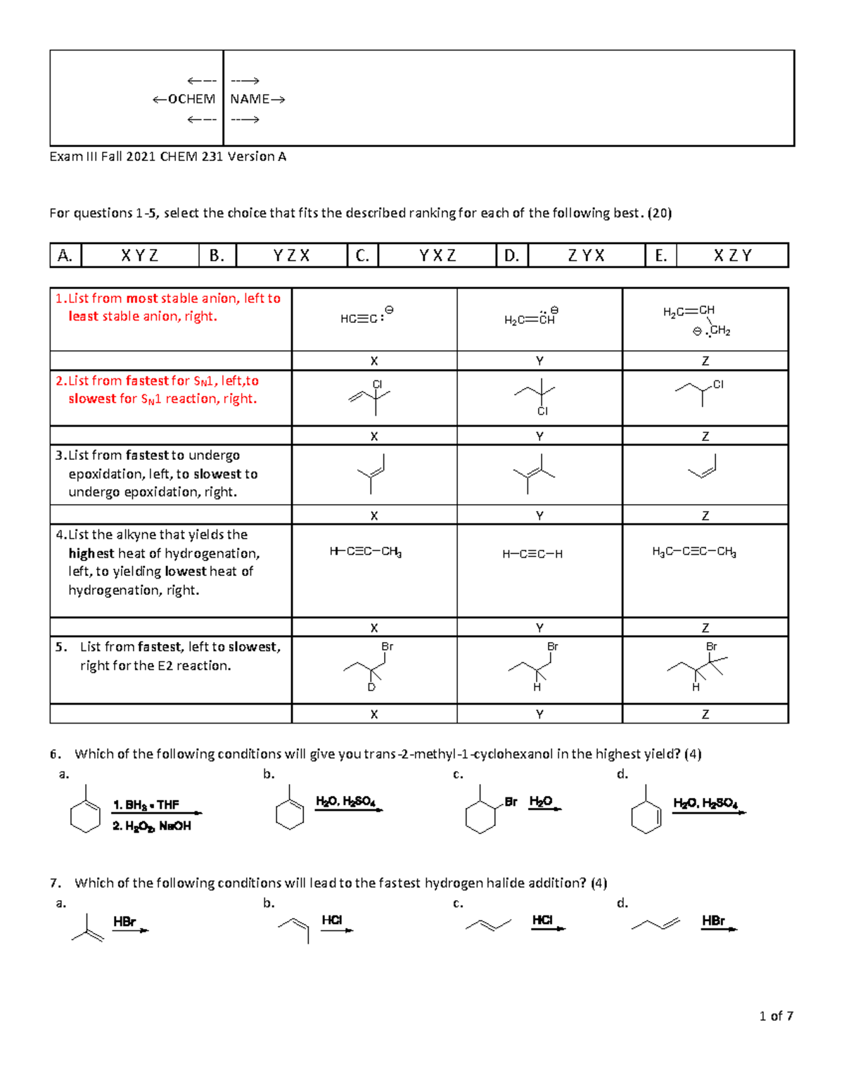 Fall 2021 exam III for fall 23 prep - - OCHEM -→ NAME→ -→ Exam III Fall ...