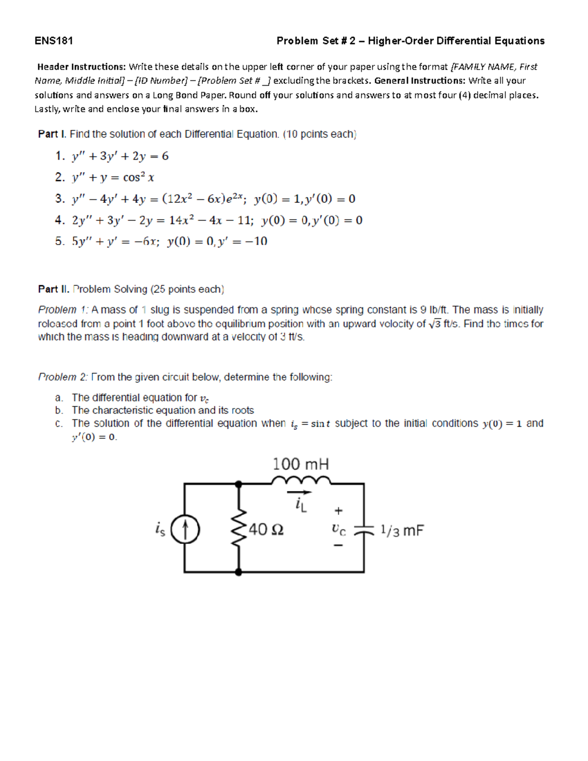 ENS181 - Problem-Set-2-Higher-Order-Differential-Equations - BS ...