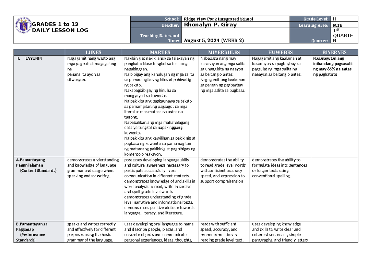 DLL MTB 2 Q1 W2 - its helpful for those students - GRADES 1 to 12 DAILY ...