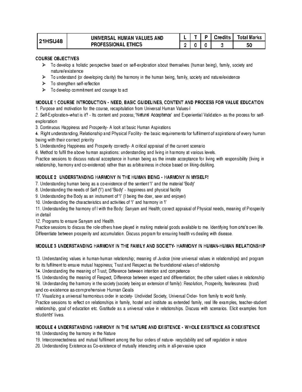 UHV-LP and Notes - 21HSU UNIVERSAL HUMAN VALUES AND PROFESSIONAL ETHICS ...