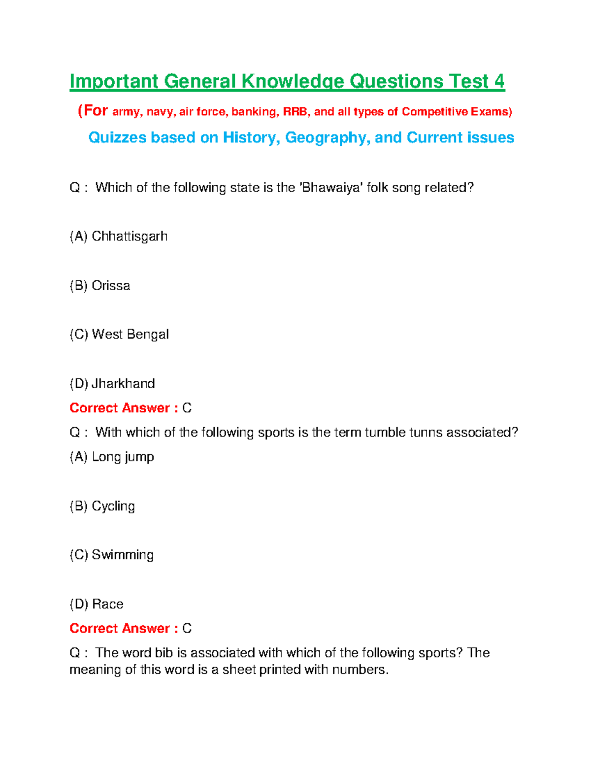 Important General Knowledge Questions Test No. 4 for army, navy ...