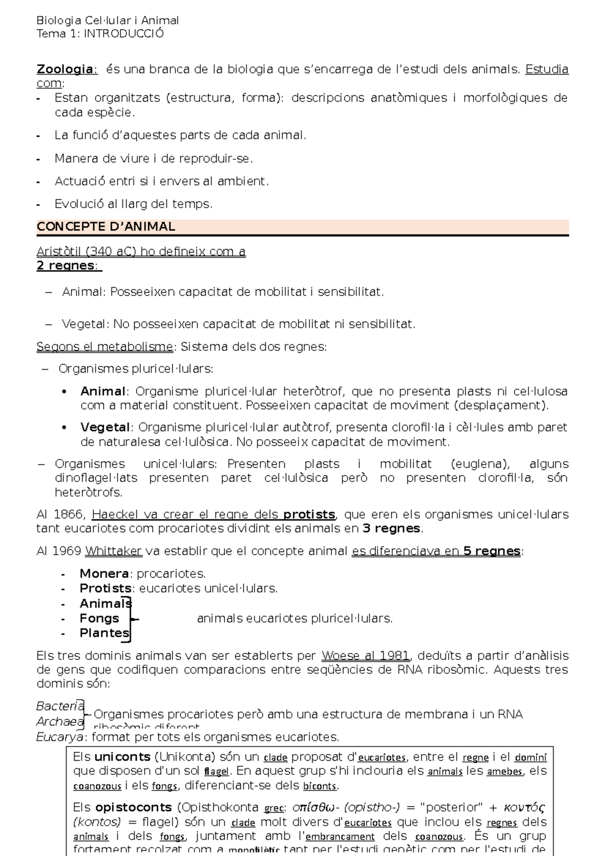 Parcial 1 BIOLOGIA ANIMAL - Tema 1: INTRODUCCIÓ Zoologia : és una ...