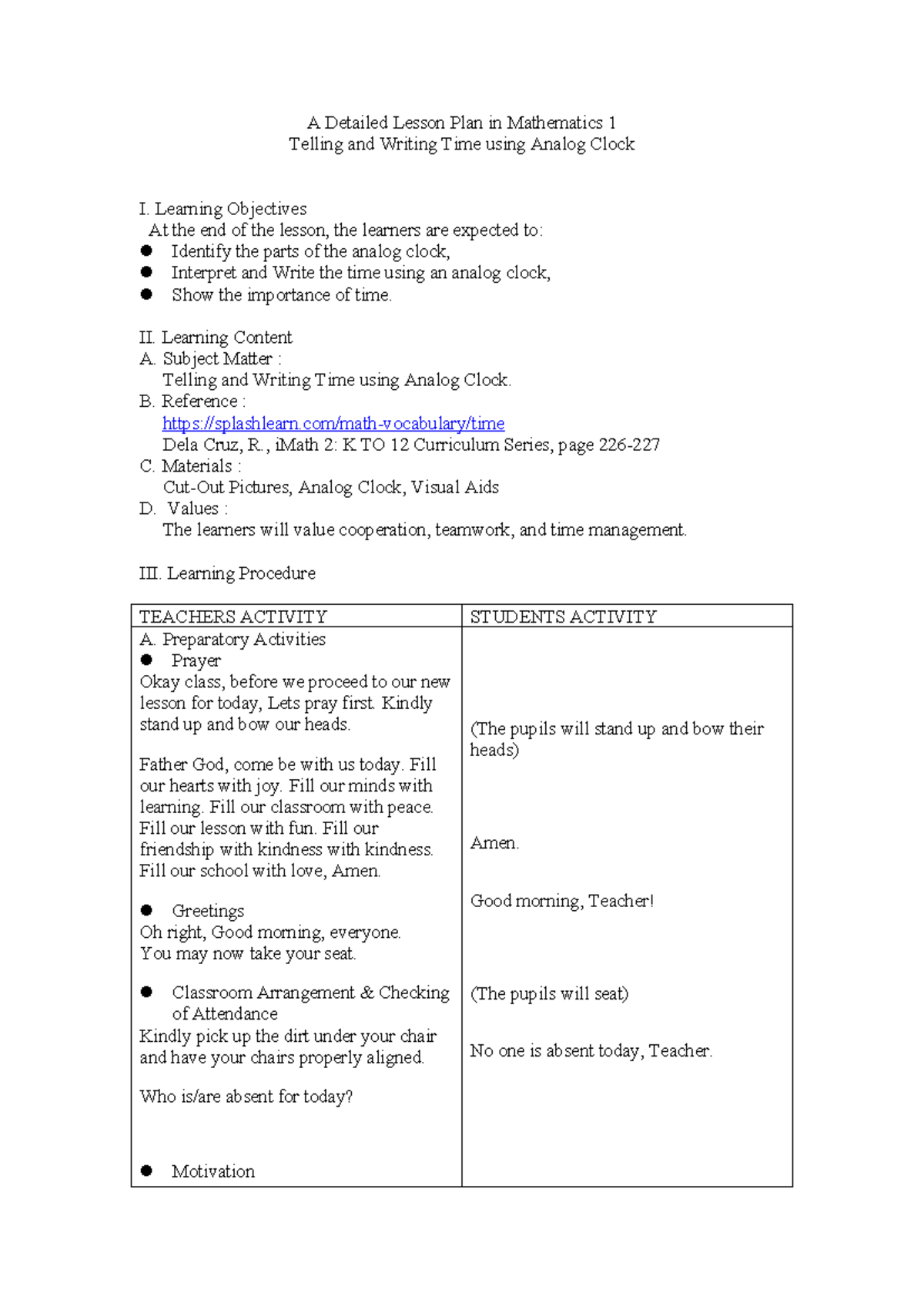 LESSON PLAN MATH - A Detailed Lesson Plan in Mathematics 1 Telling and ...