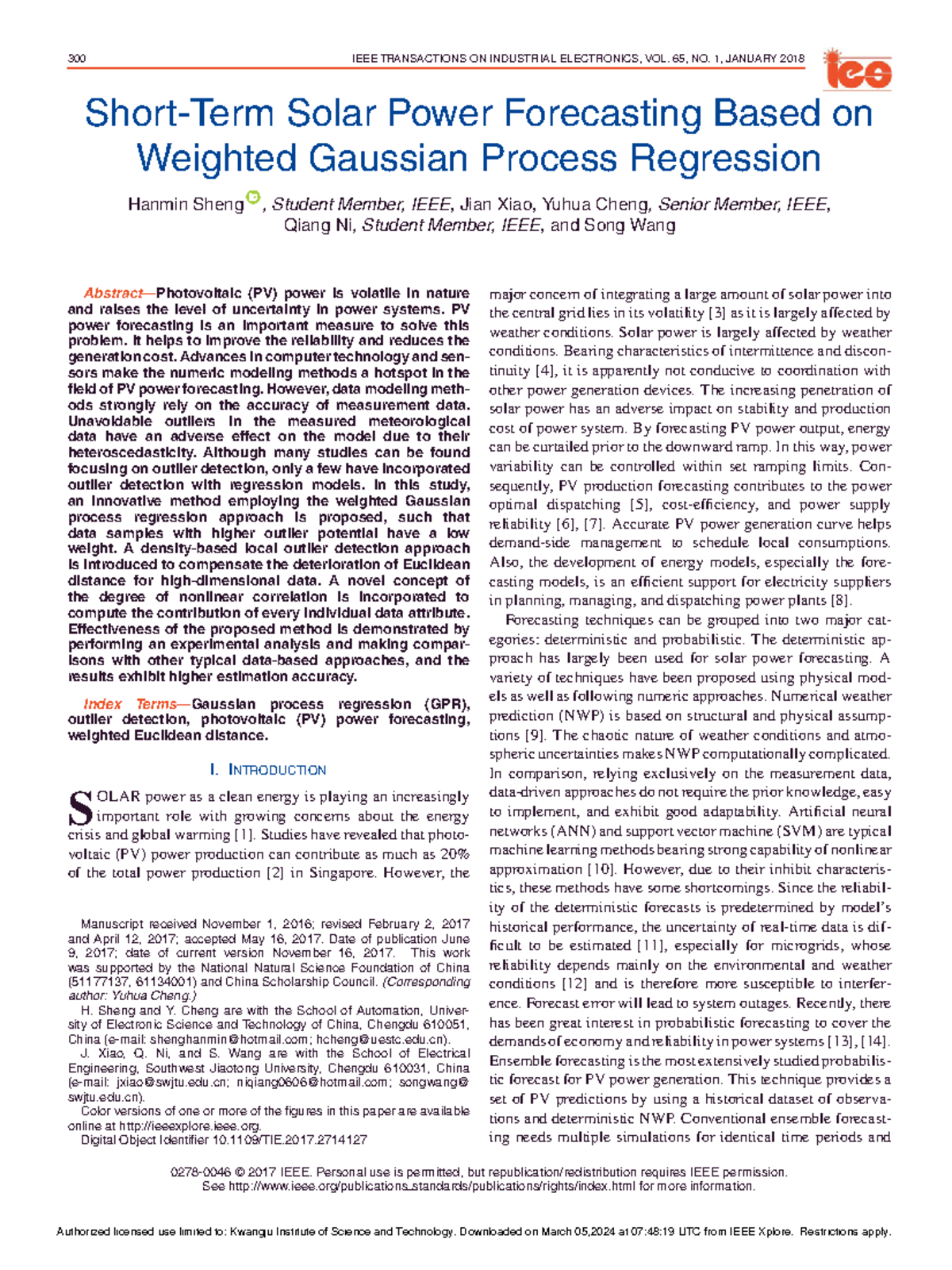 Short Term Solar Power Forecasting Based On Weighted Gaussian Process Regression 300 Ieee
