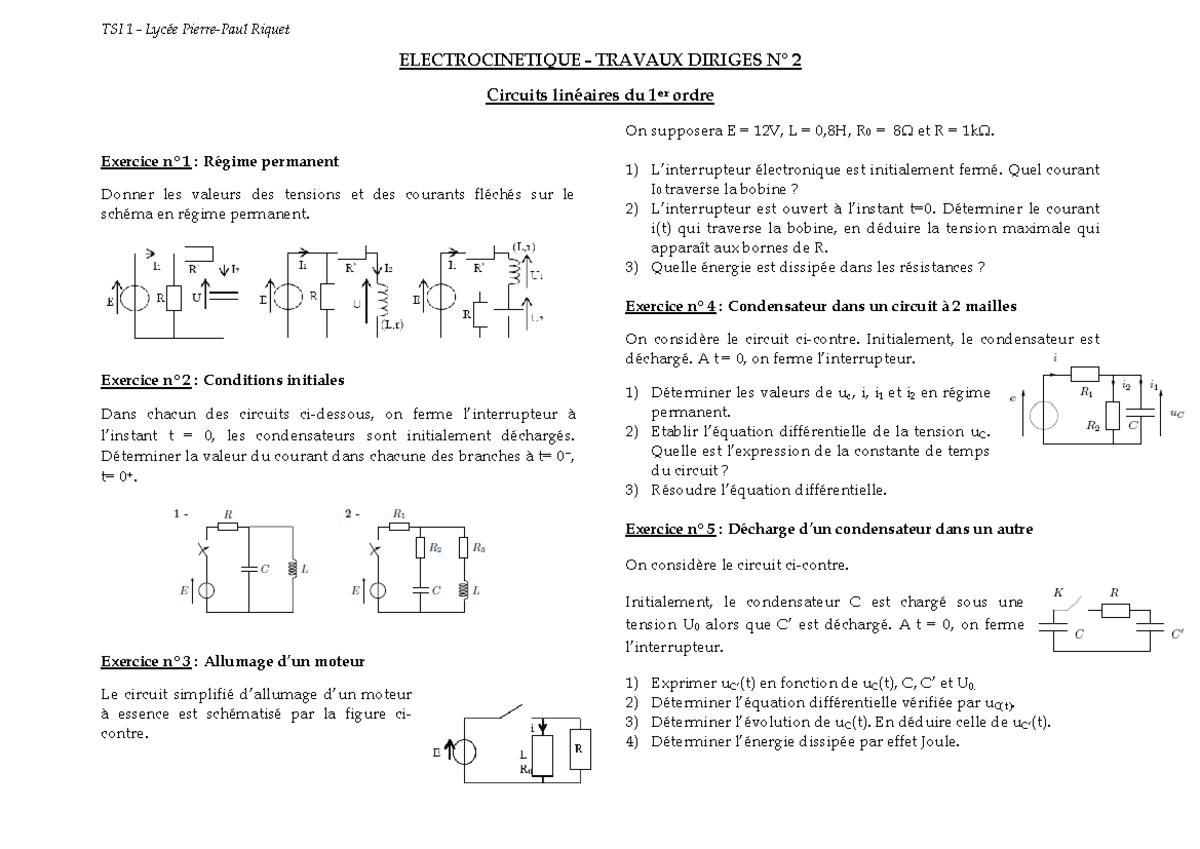 Circuits lineaires du 1er ordre exercices - TSI 1 - Lycée Pierre-Paul Riquet ELECTROCINETIQUE ...